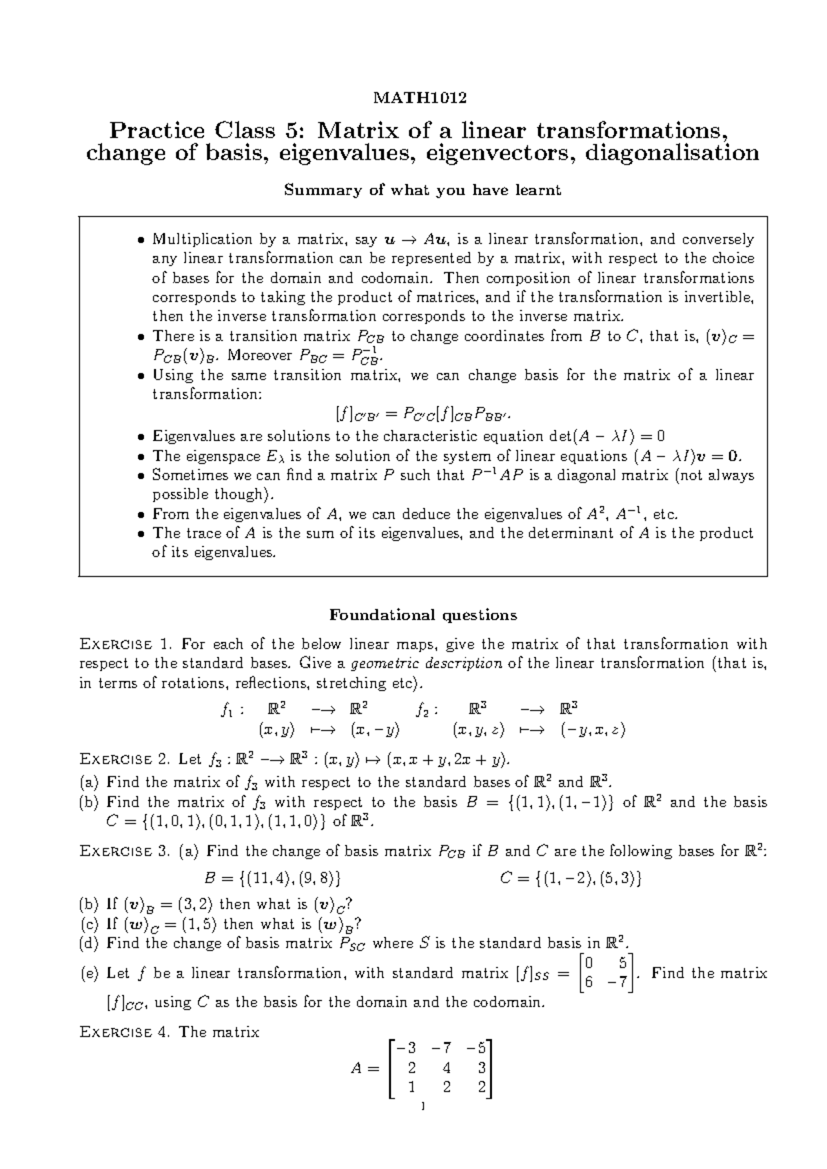 Prac5 - MATH Practice Class 5: Matrix of a linear transformations, change of basis, eigenvalues ...