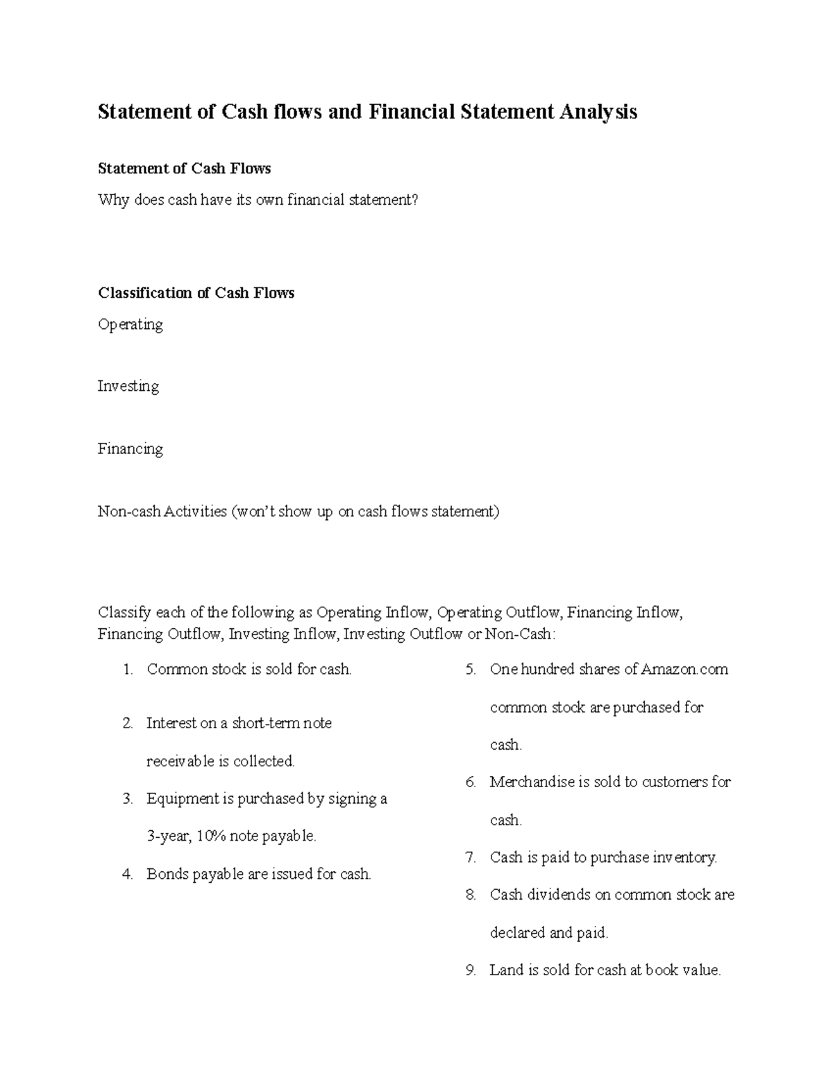 Statement of Cashflows and Statement Analysis - Statement of Cash flows ...
