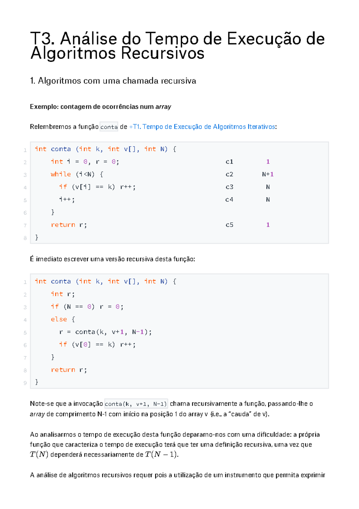 T3. Análise do Tempo de Execução de Algoritmos Recursivos - 1 2 3 4 5 6 ...
