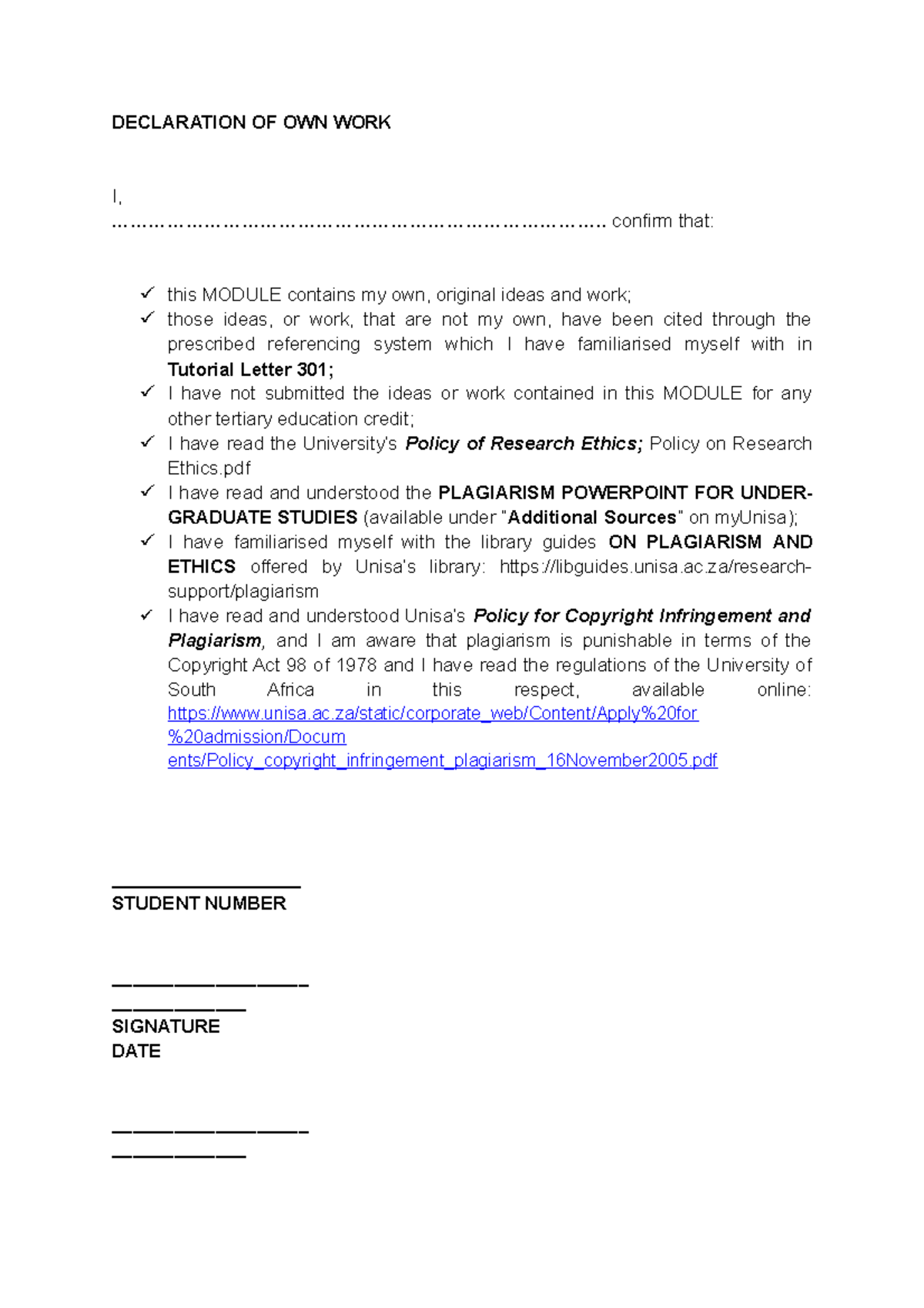 DPR2604 Portfolio Exam - DECLARATION OF OWN WORK I, - Studocu