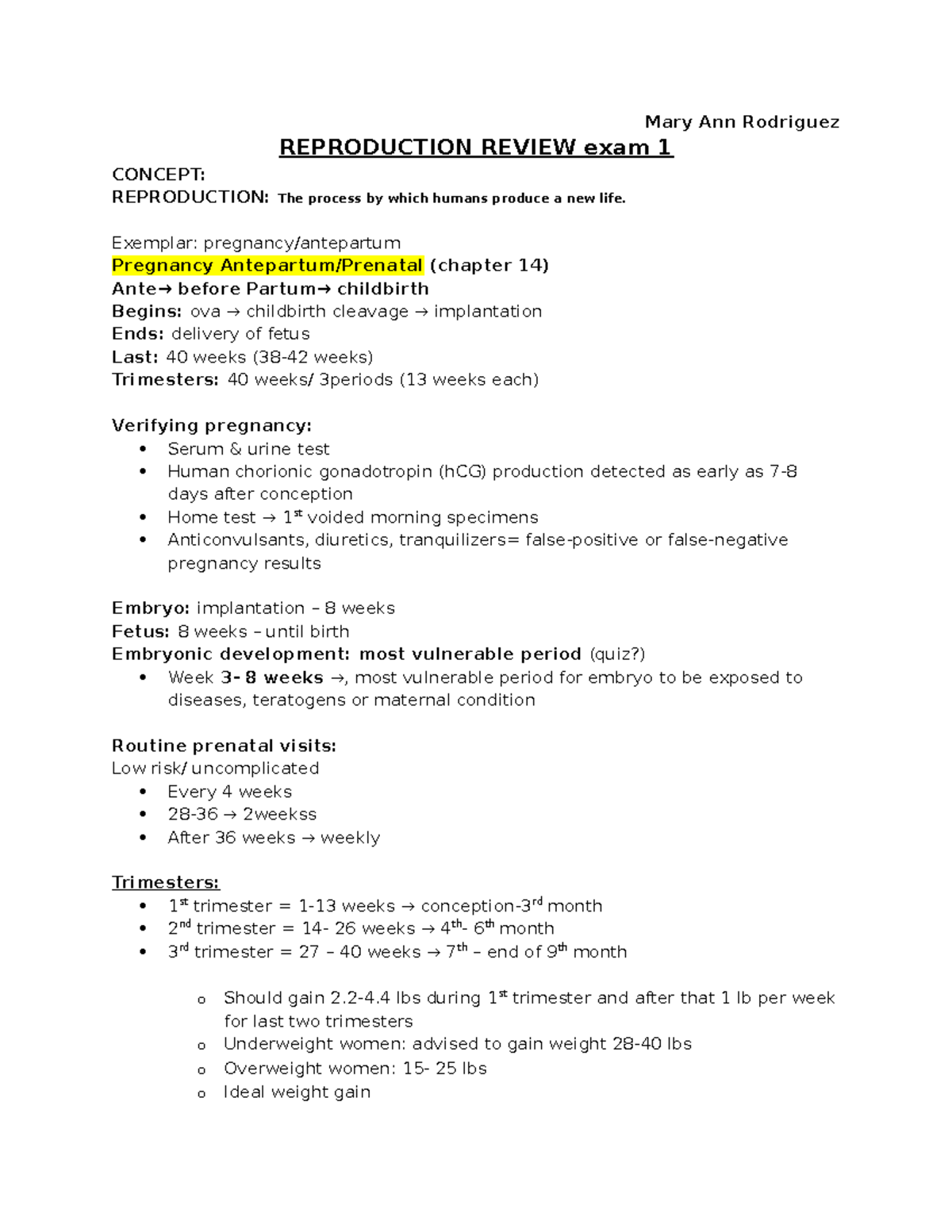 1538-Exam-1-Reproduction - Mary Ann Rodriguez REPRODUCTION REVIEW exam ...