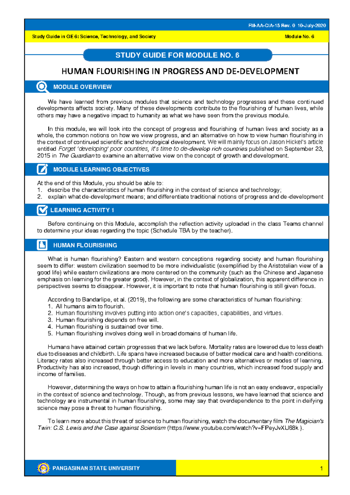 GE-6-STS Study- Guide-6-11082021 - 1 FM-AA-CIA- 15 Rev. 0 10 - July- 2020 PANGASINAN STATE - Studocu