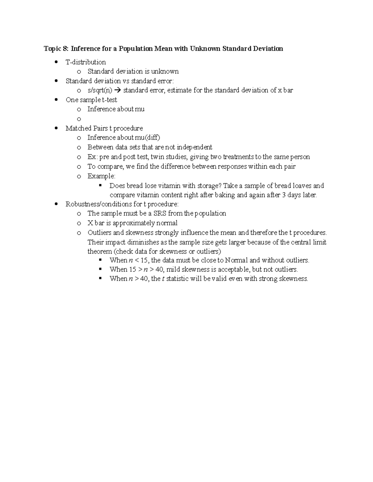 Topic 8: Inference for a Population Mean with Unknown Standard ...