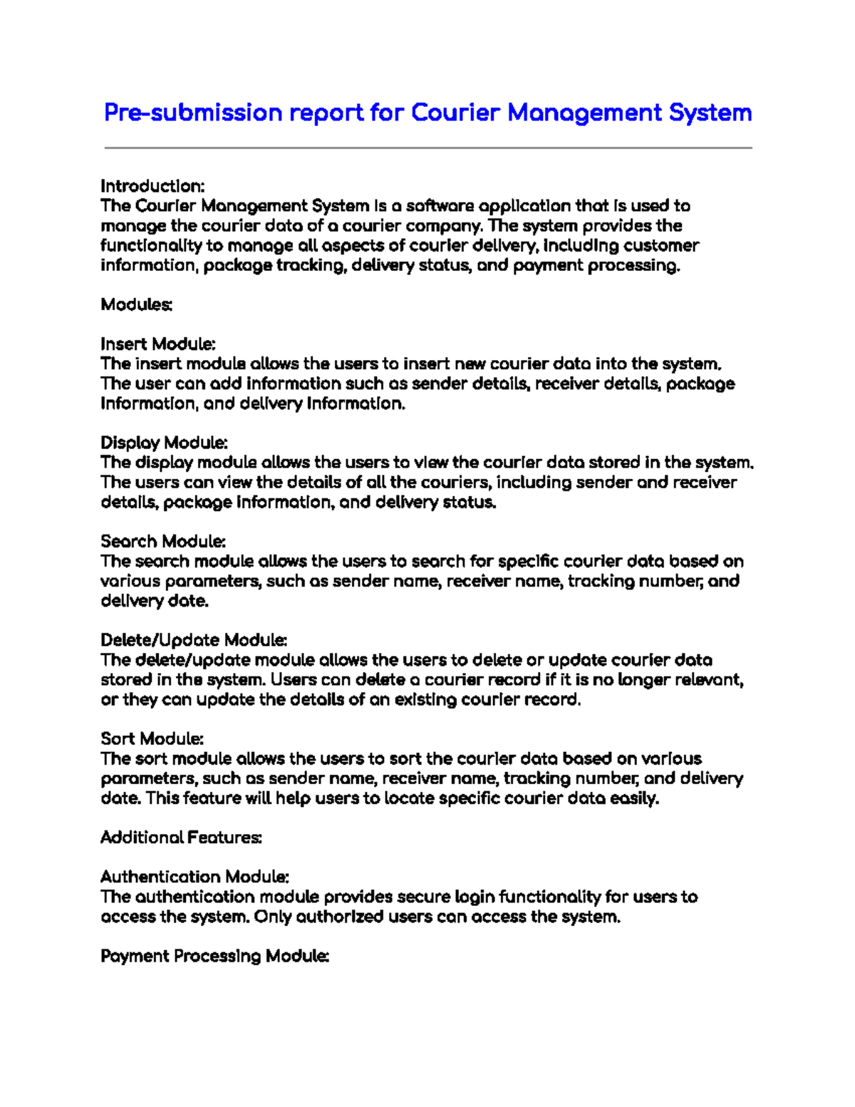 Courier Management System Pre Submission Report - c language - Studocu