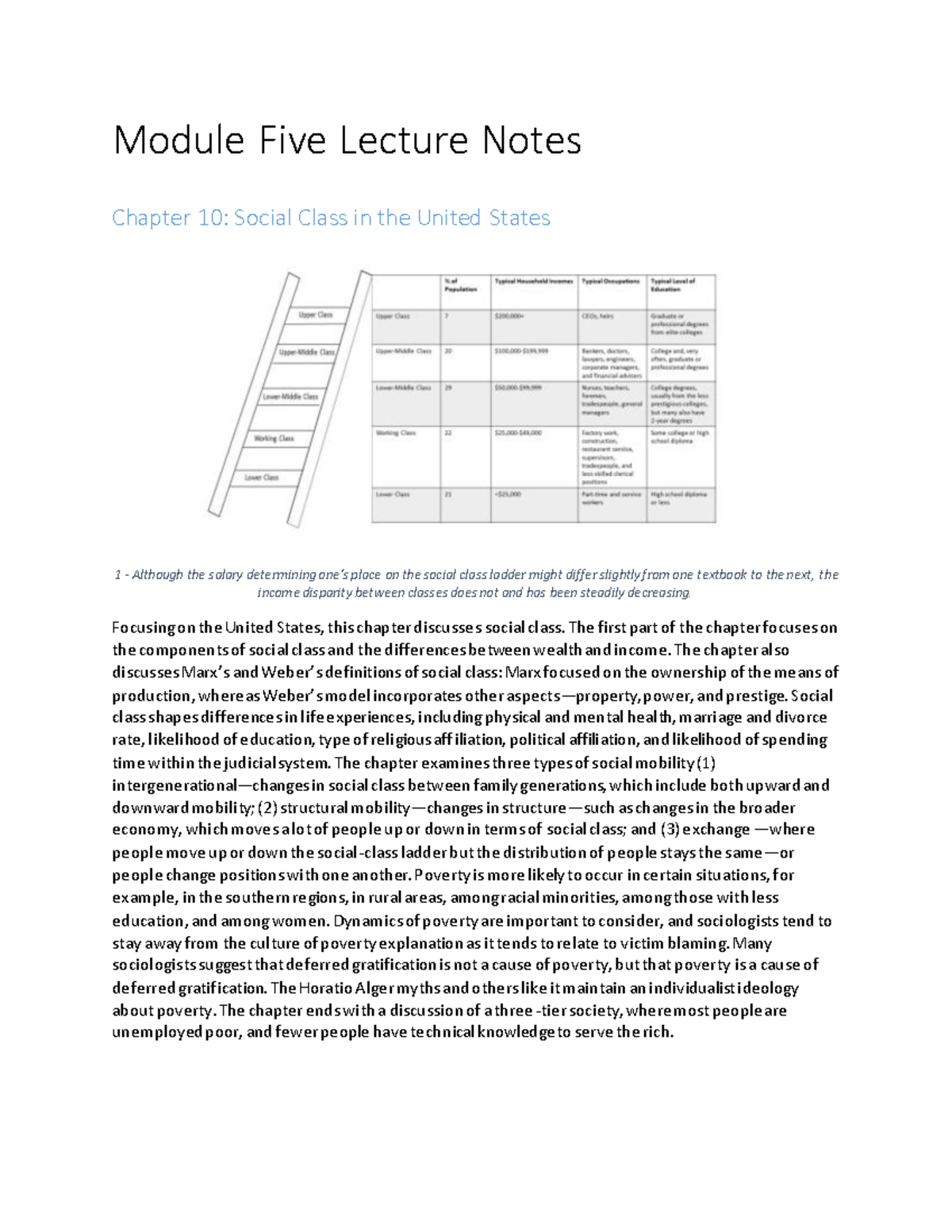 Module Five Lecture Notes Module Five Lecture Notes Chapter 10 Social Class In The United