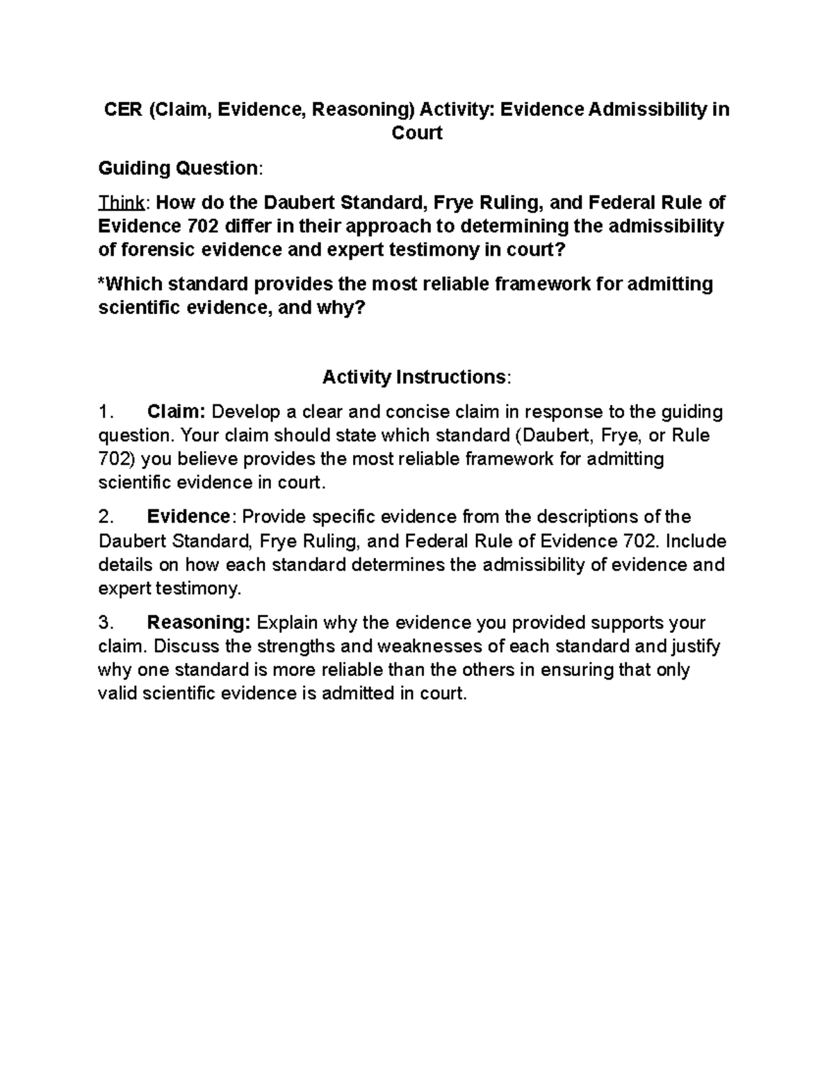 CER student activiy - CER Activity - CER (Claim, Evidence, Reasoning ...