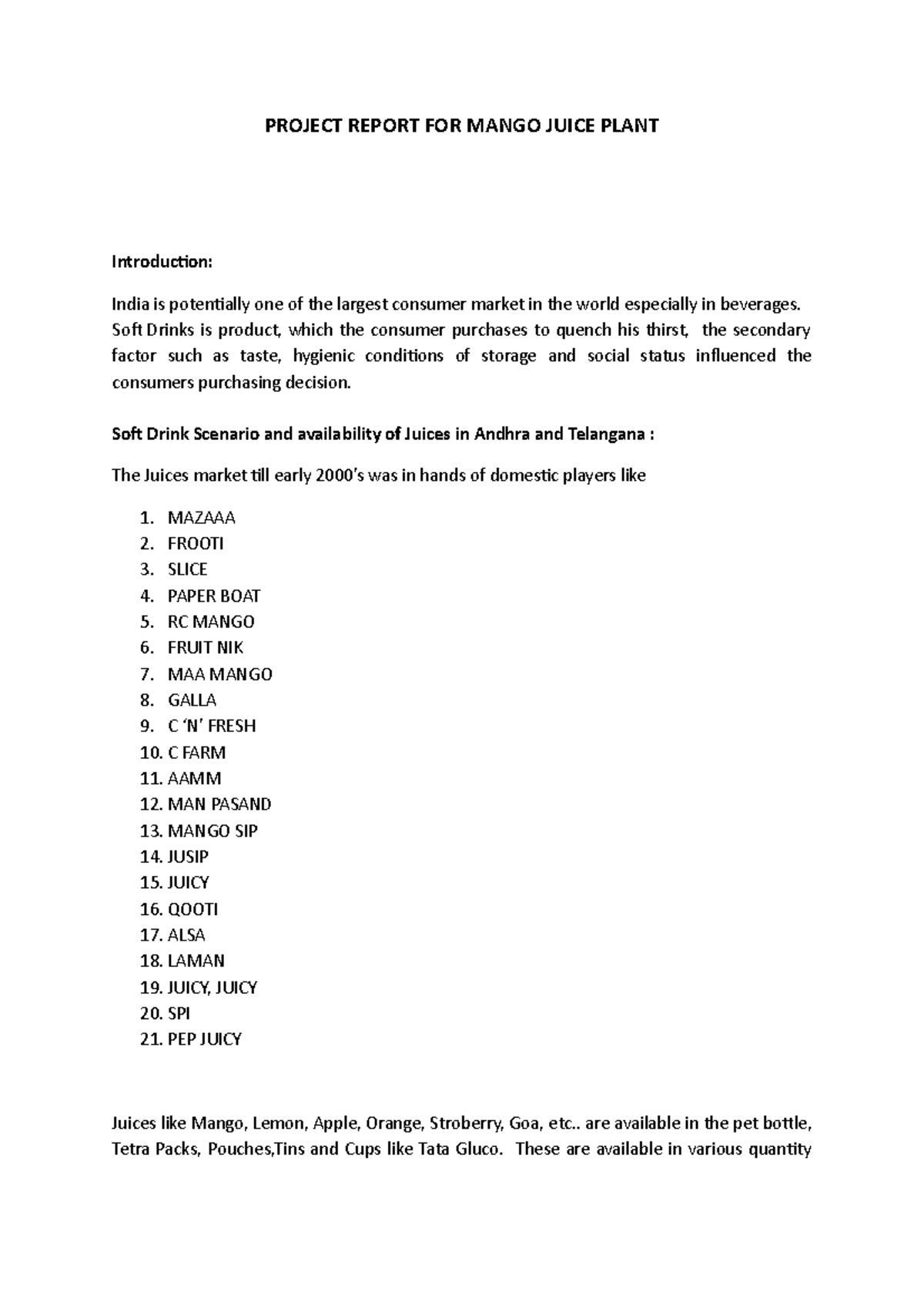 Mango juice project plan - low cost - PROJECT REPORT FOR MANGO JUICE ...