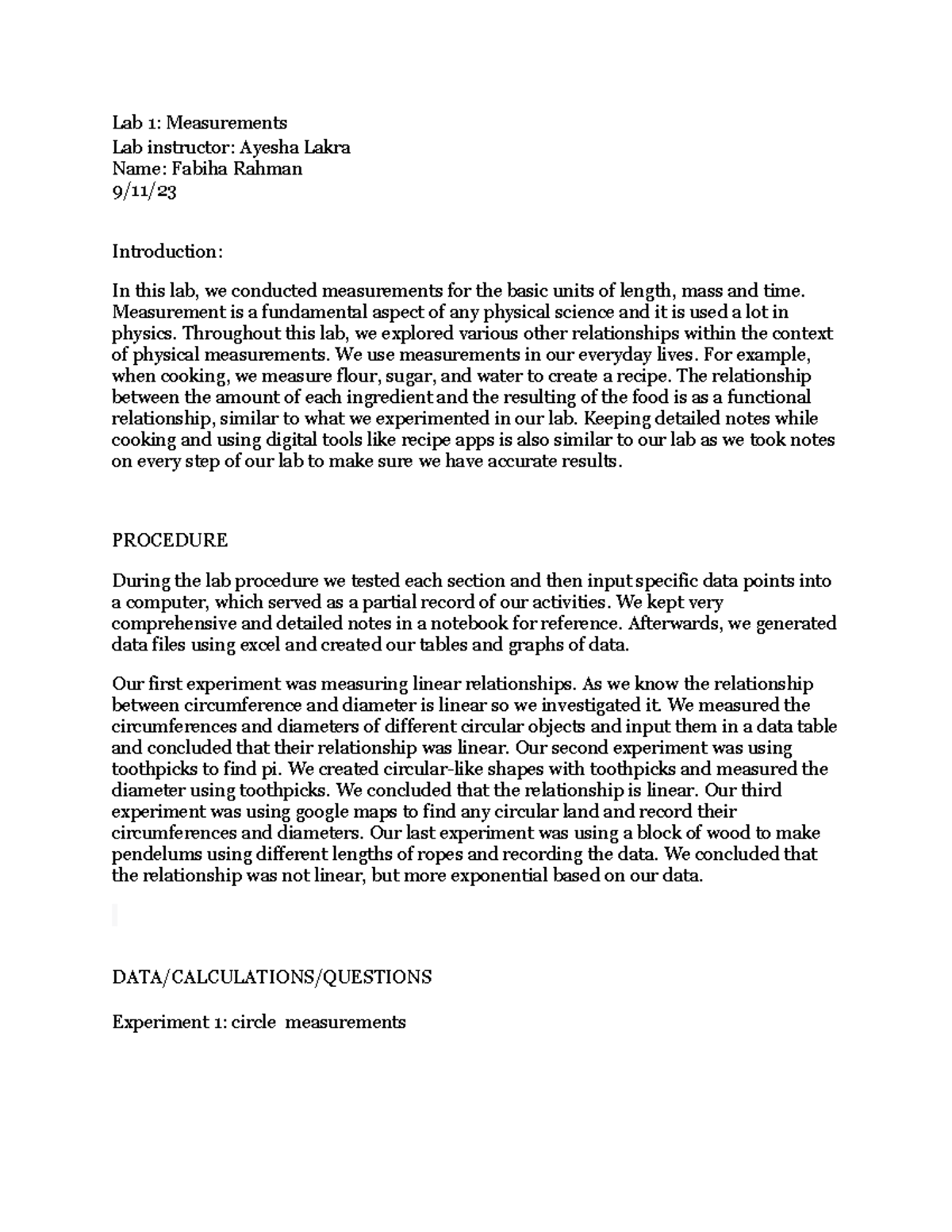 Lab 1 - Lab analysis report - Lab 1: Measurements Lab instructor ...