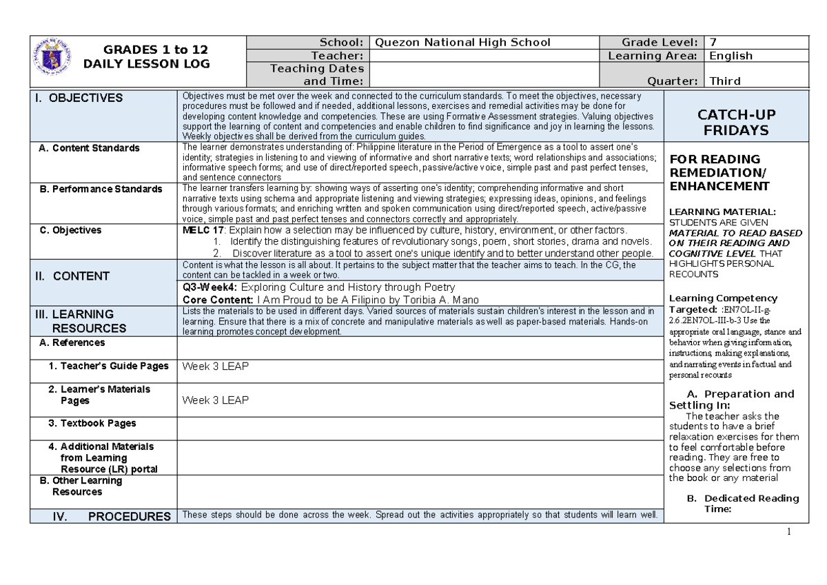 Q3 Week 3 Grade 7 - GRADES 1 to 12 DAILY LESSON LOG School: Quezon ...