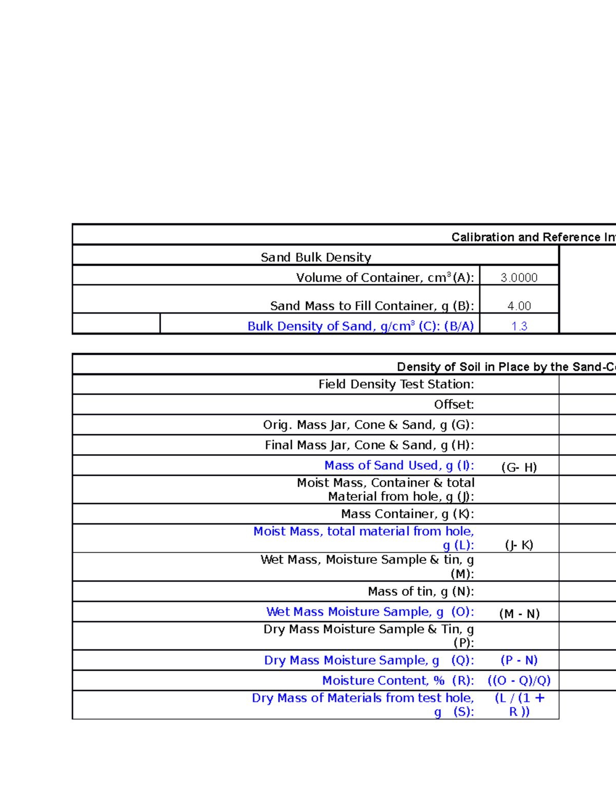 Test format - Calibration and Reference Inf Sand Bulk Density Volume of ...