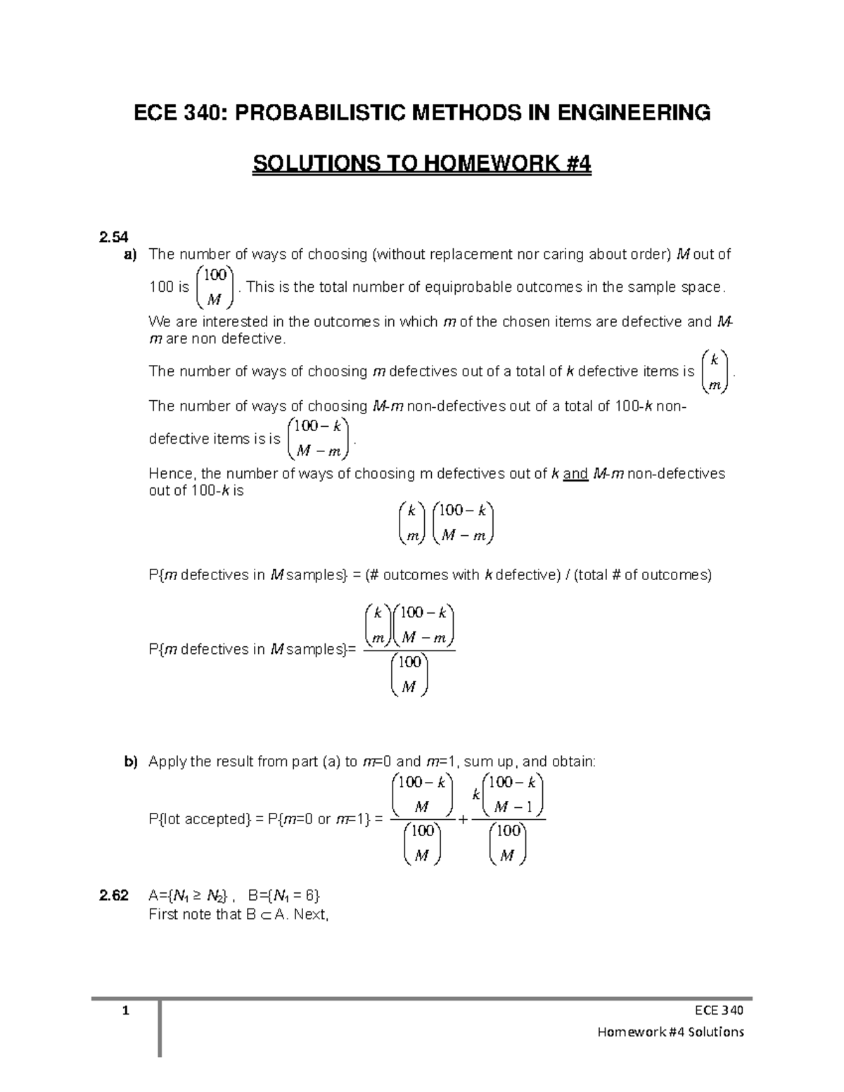 Hw4 13 sol - Solution to stochastic. - 1 ECE ECE 340: PROBABILISTIC METHODS IN ENGINEERING - Studocu
