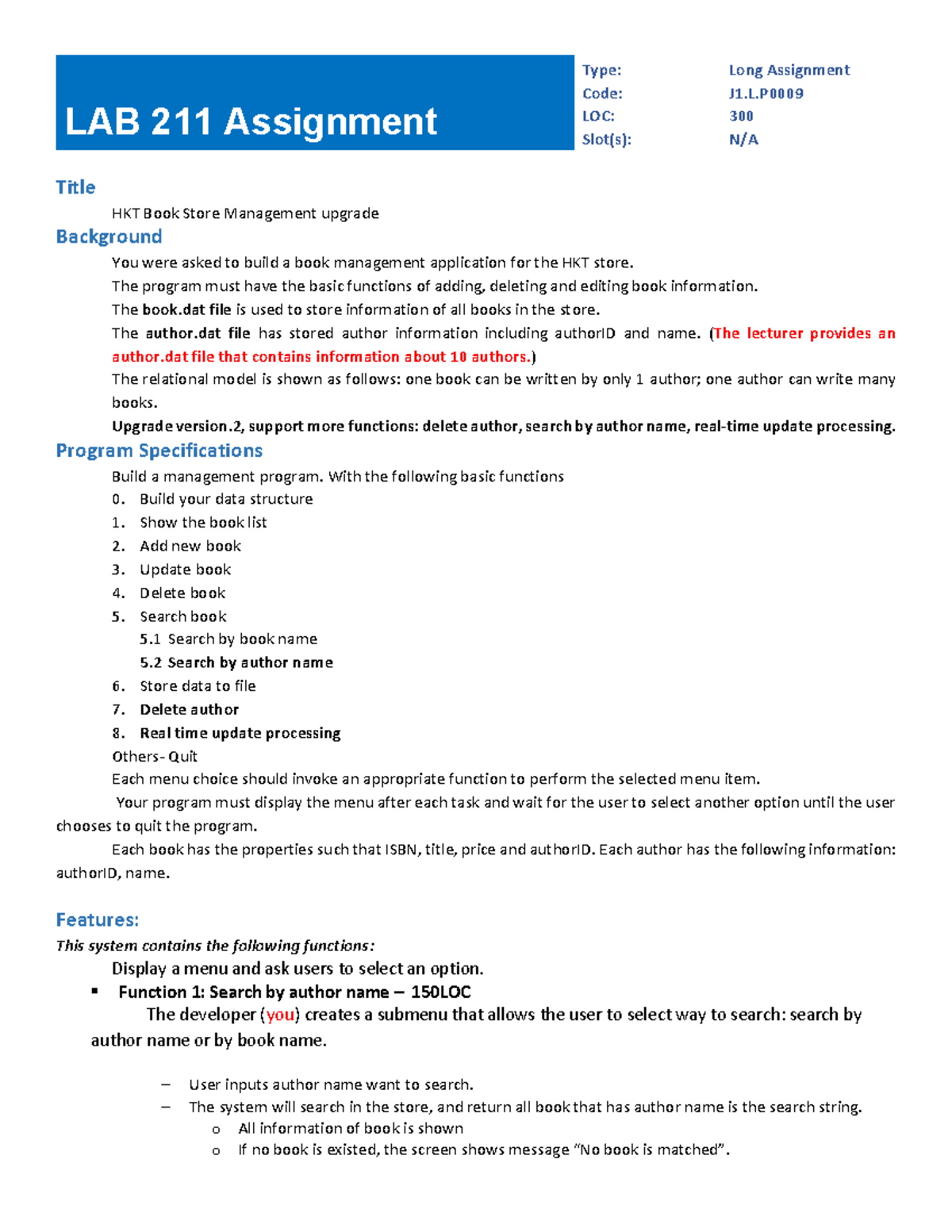 J1.L.P0009. HKT Book Store - Upgrade- 300LOC - LAB 211 Assignment Type: Long Assignment Code: J1 ...