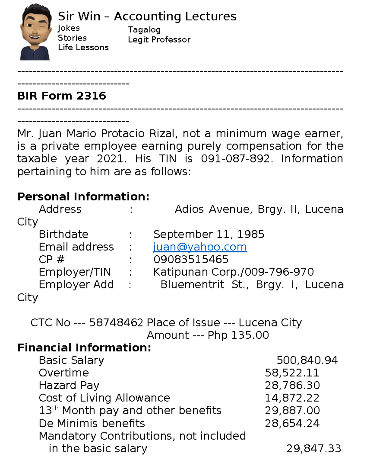 Bir form 2316 - form - Sir Win – Accounting Lectures Jokes Stories Life ...