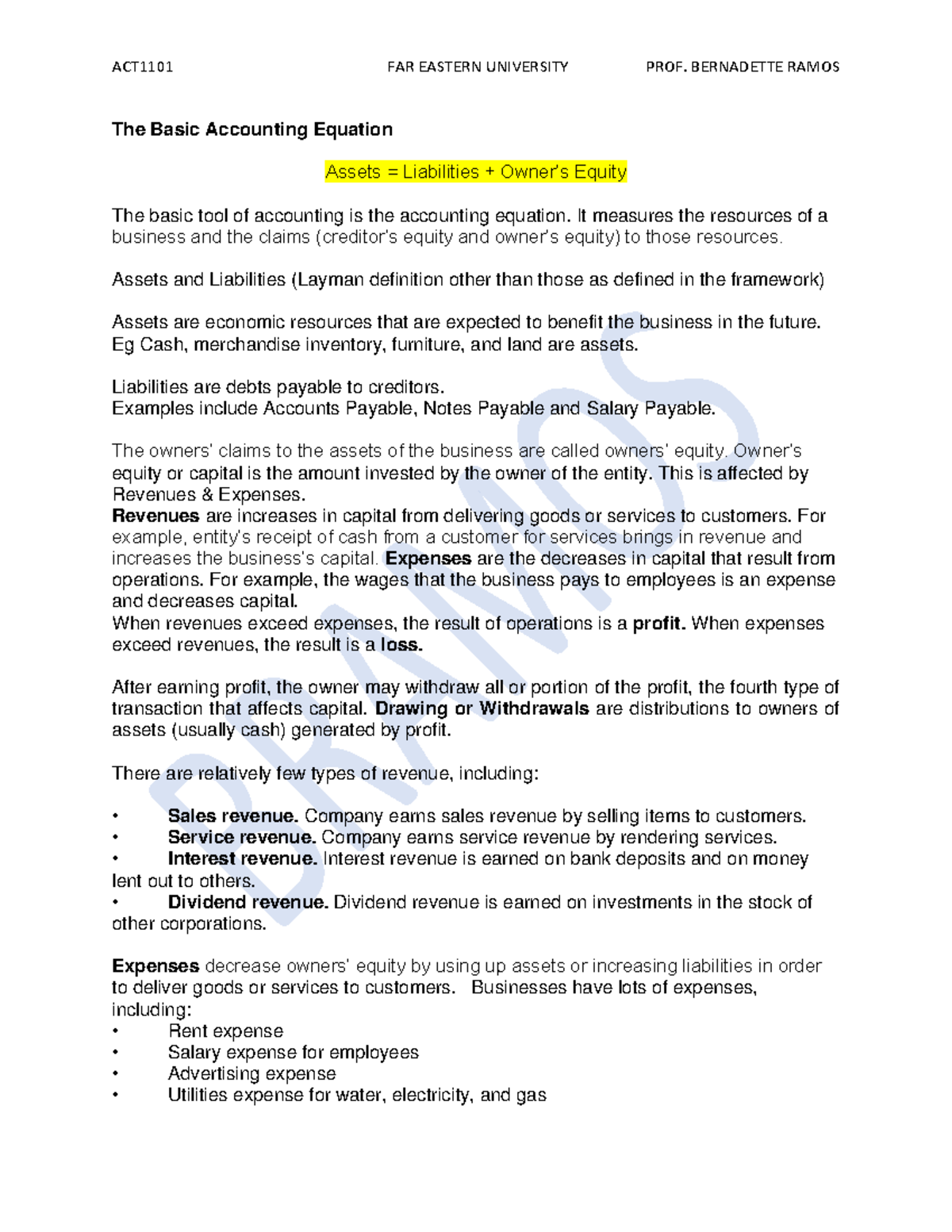 Basic Accounting Equation Readings - The Basic Accounting Equation ...