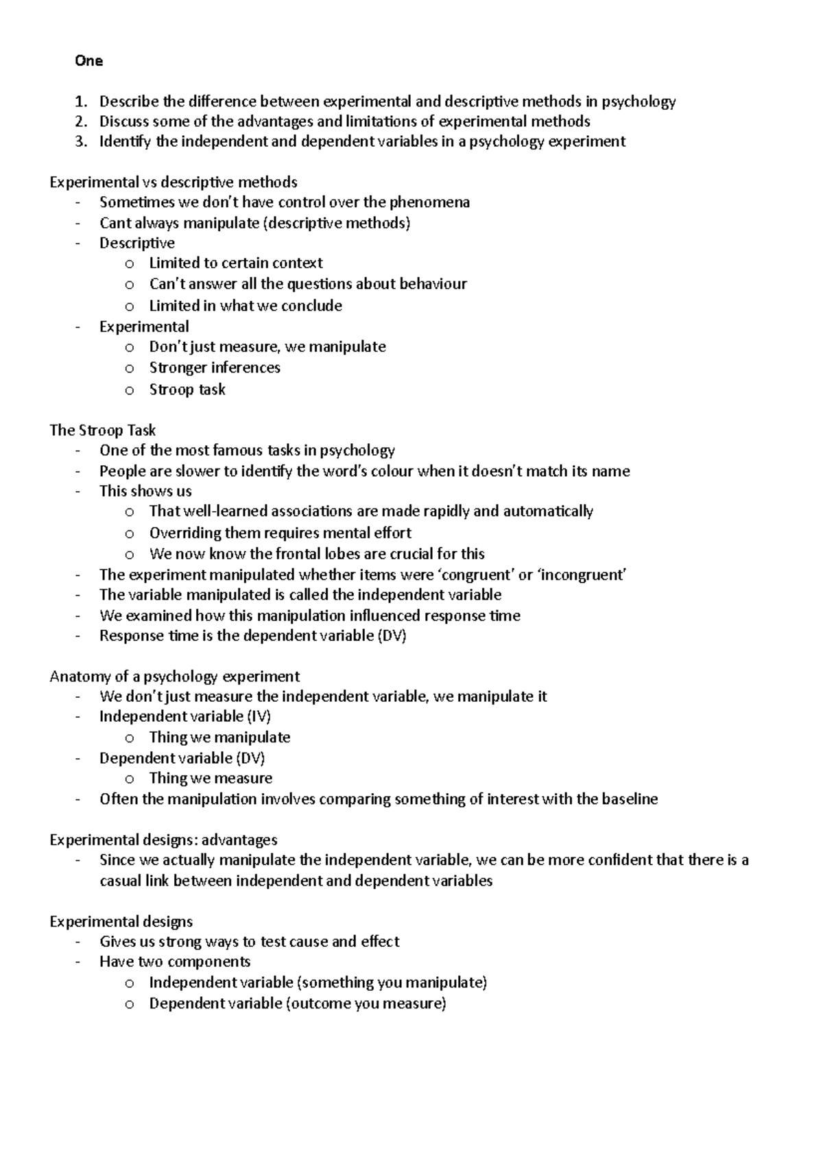 Experimental methods - One Describe the difference between experimental ...
