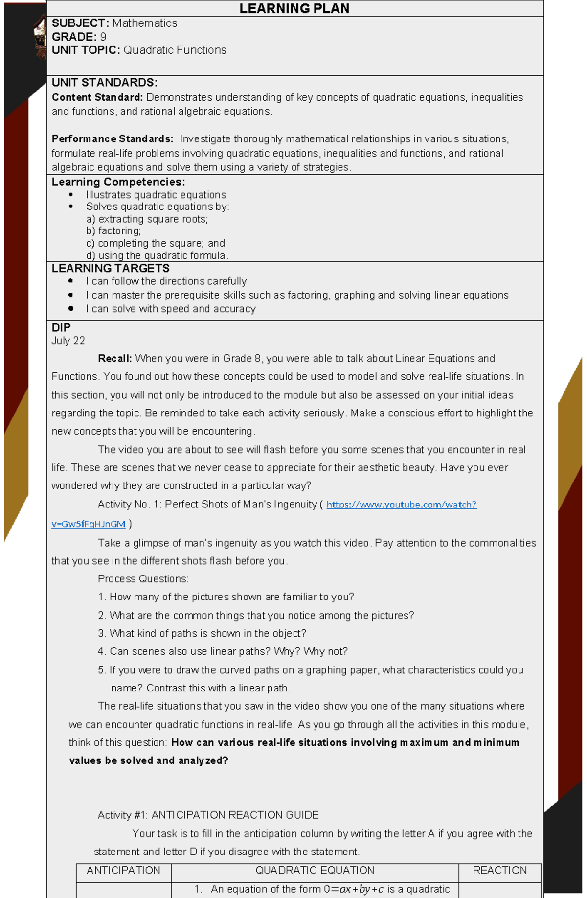 LP 1st Q (week 1 & 2) - Math - LEARNING PLAN SUBJECT: Mathematics GRADE ...
