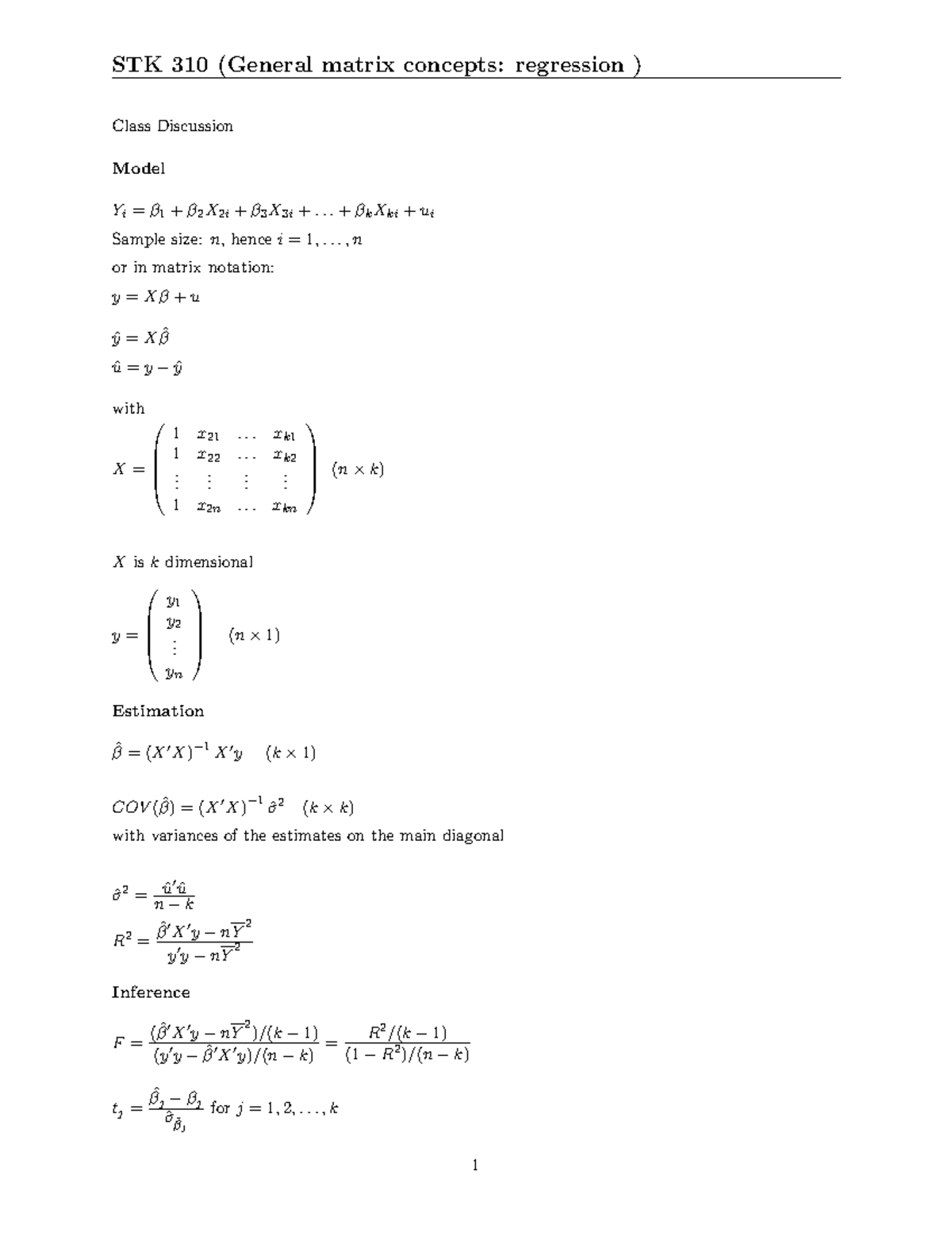 Matrix concepts - .. + β k X ki + u i Sample size: n, hence i = 1,... , n or in matrix notation ...