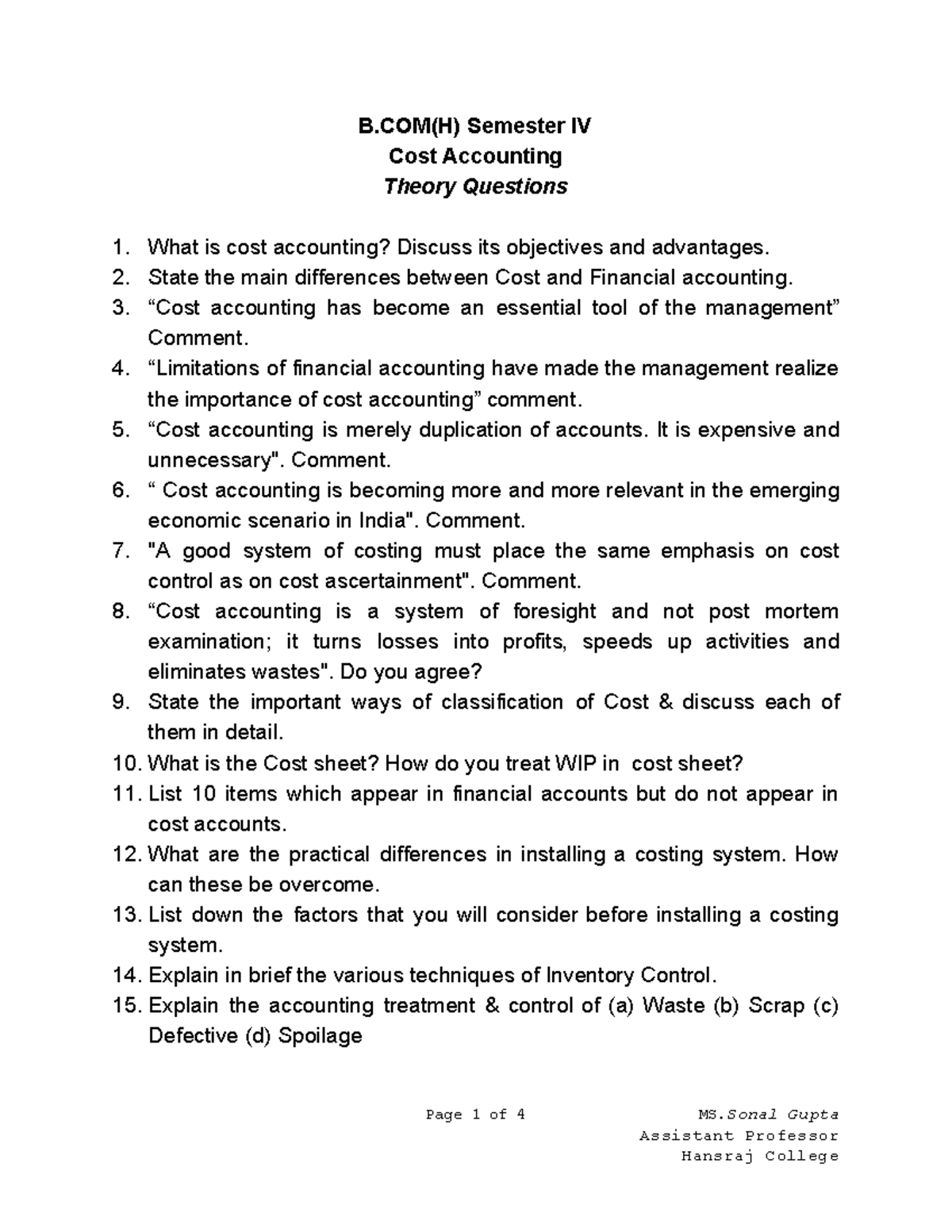 Cost Accounting Theory Questions B H Semester IV Cost Accounting
