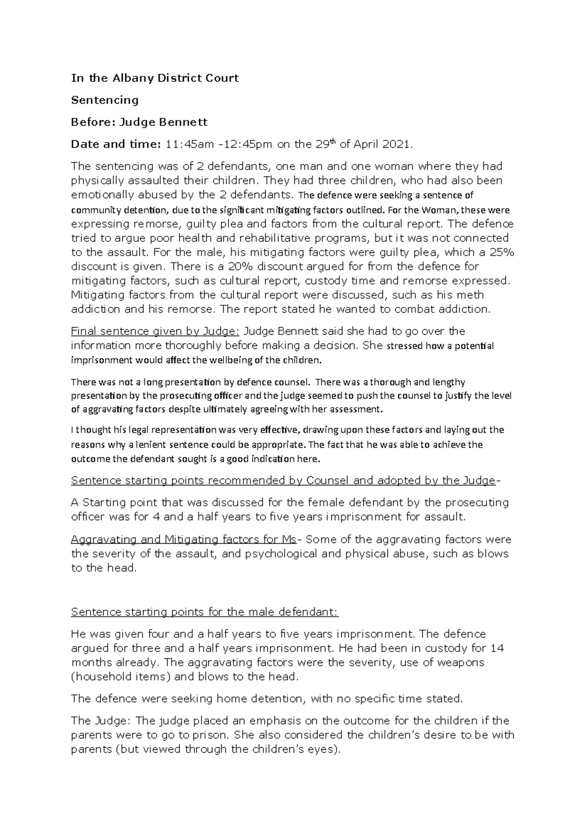 Law sentencing - Grade: C + - In the Albany District Court Sentencing ...