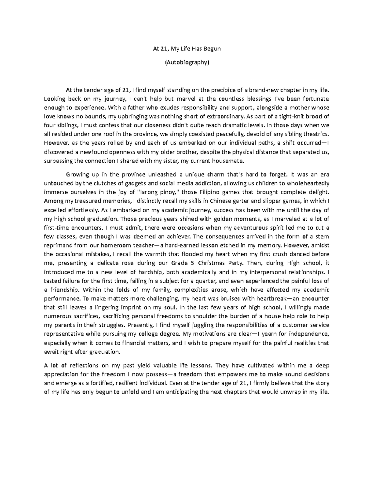 Autobiogrpahy ( Story OF MY LIFE) - At 21, My Life Has Begun ...