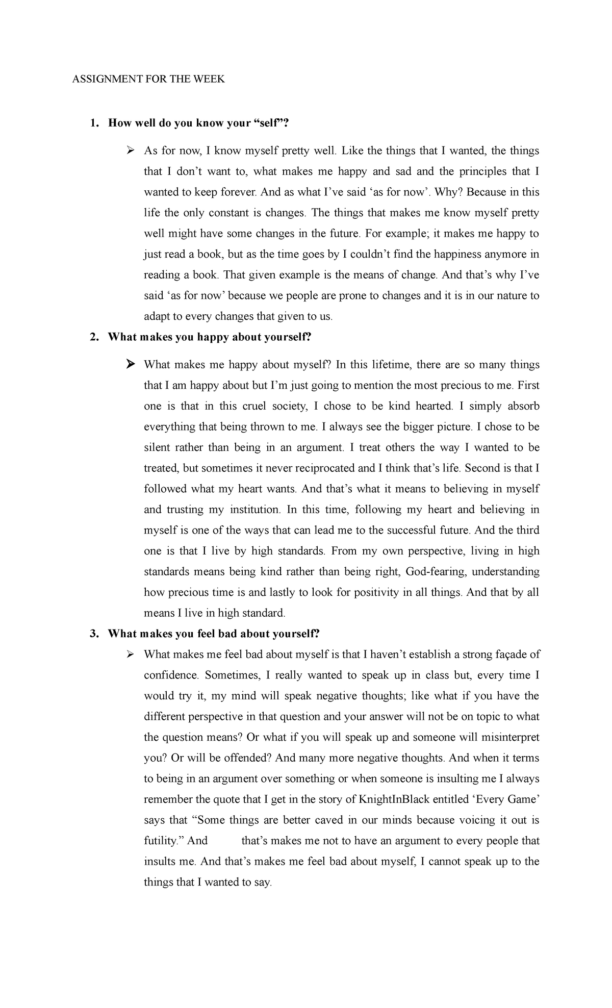 Assignment FOR THE WEEK - ASSIGNMENT FOR THE WEEK 1 well do you know ...