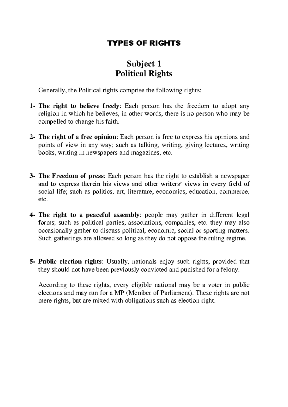 Types of Rights - llllllll - TYPES OF RIGHTS Subject 1 Political Rights ...