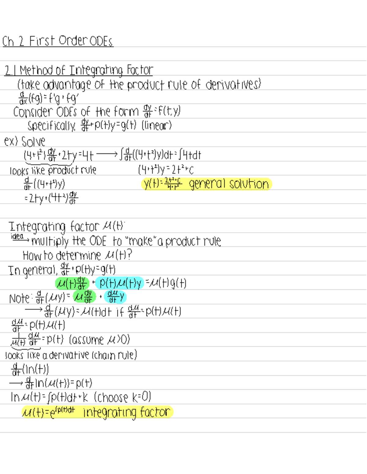 MATH 212 Notes - Ch2 First Order ODES 2. / Method of Integrating Factor ...