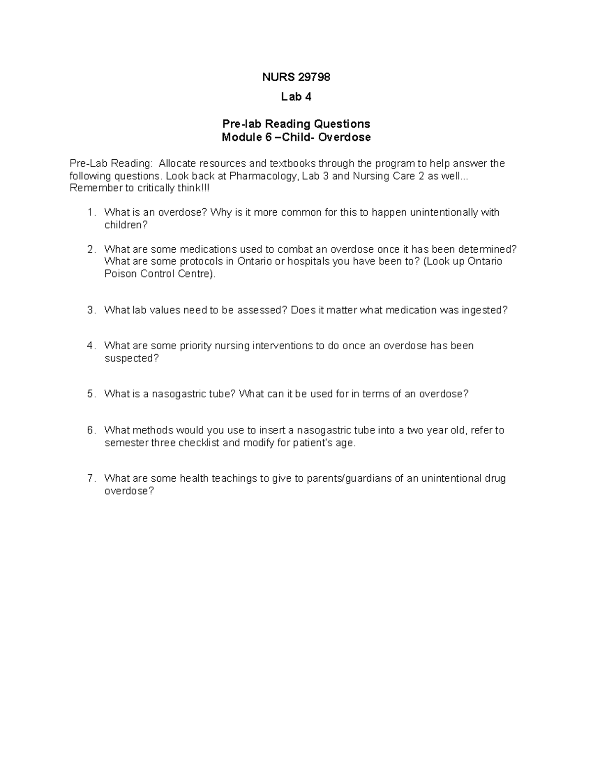 Module 6- Child overdose- pre-lab readings - NURS 29798 Lab 4 Pre-lab ...
