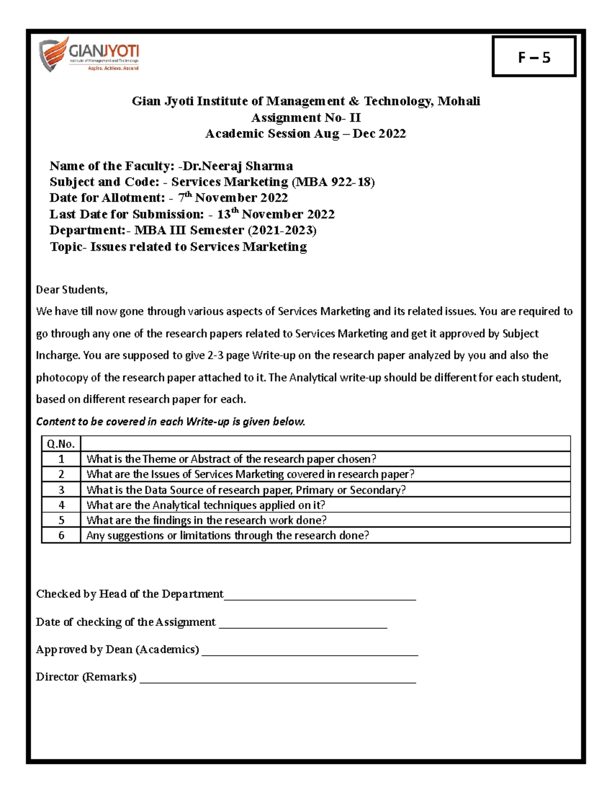 Assignment II Services Marketing November 2022 - Gian Jyoti Institute ...