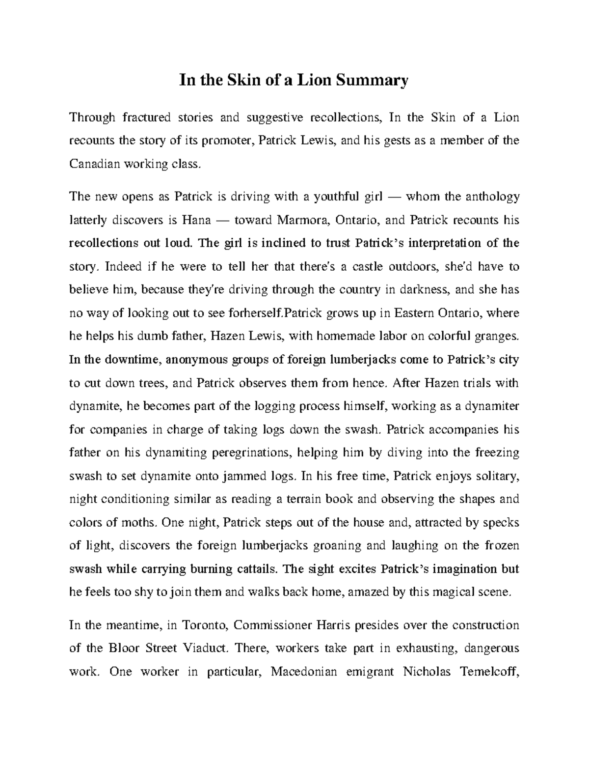 In the Skin of a Lion Summary - In the Skin of a Lion Summary Through ...