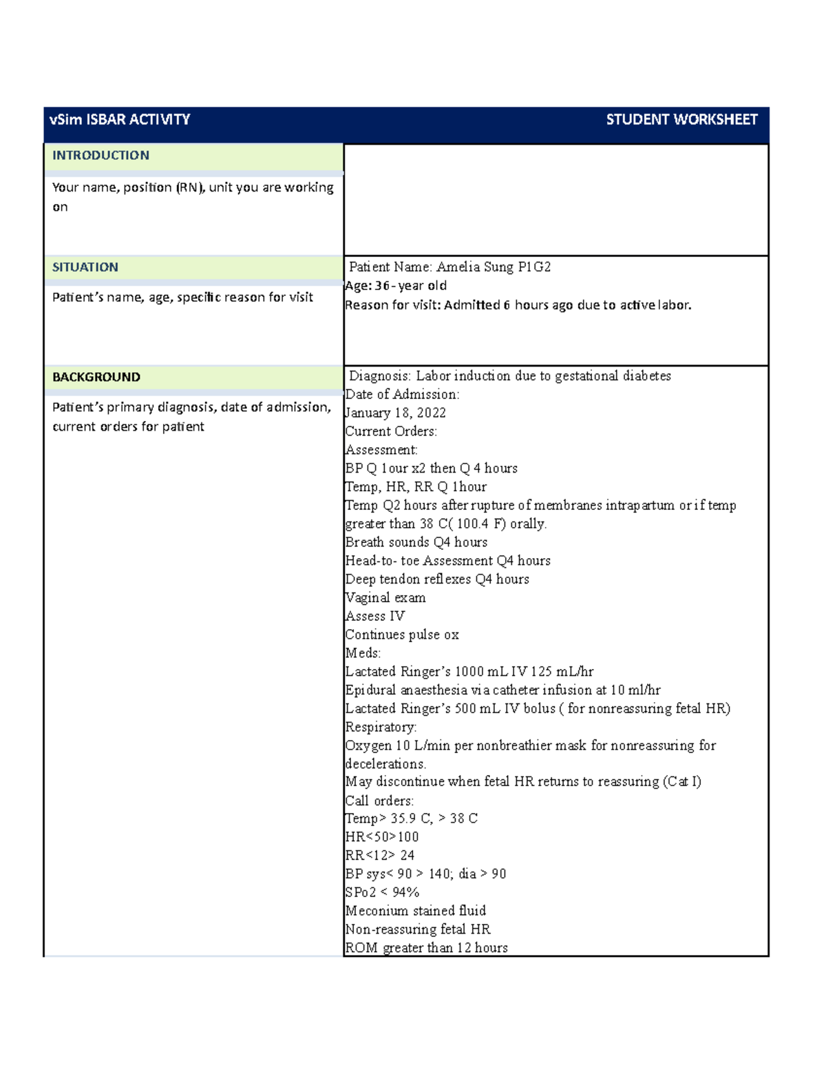 SBAR Amelia Sung - n/a - vSim ISBAR ACTIVITY STUDENT WORKSHEET ...