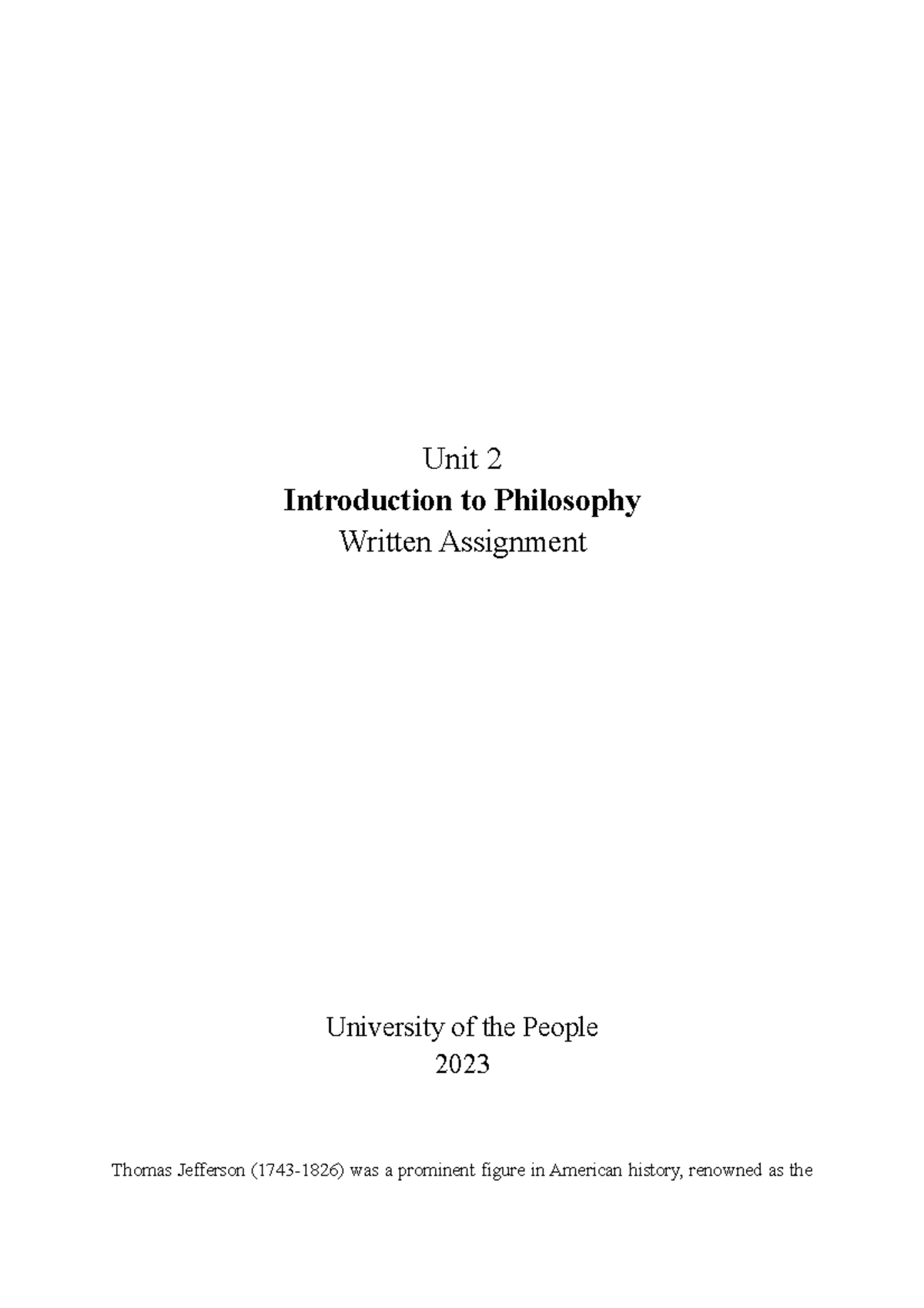 Unit 2 - Learning Journal (Thomas Jefferson) - Unit 2 Introduction to ...