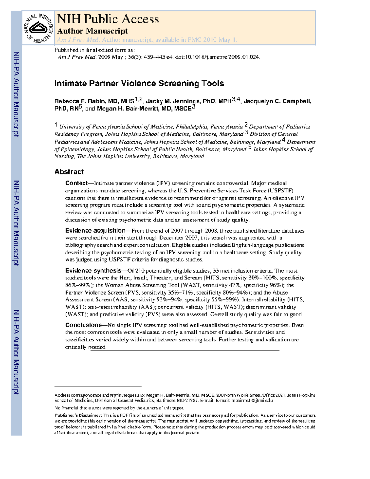 Abuse - notes - Intimate Partner Violence Screening Tools Rebecca F ...