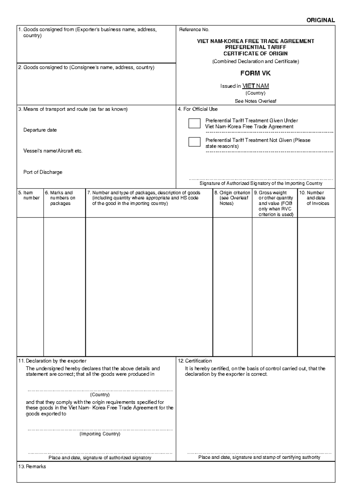 Form VK - Seadragon - ORIGINAL 1. Goods consigned from (Exporter's ...