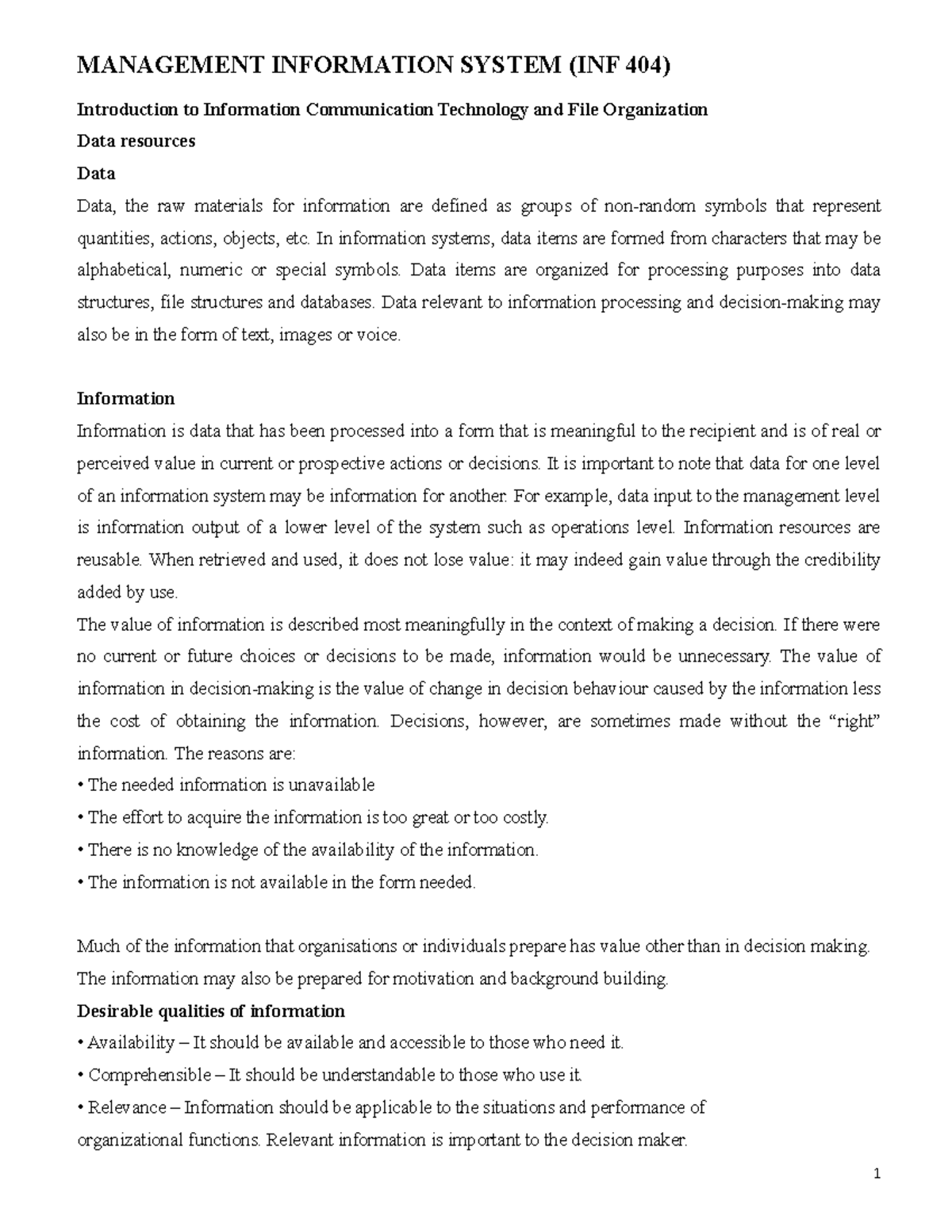 INF 402 Management Information System - MANAGEMENT INFORMATION SYSTEM (INF 404) Introduction to ...