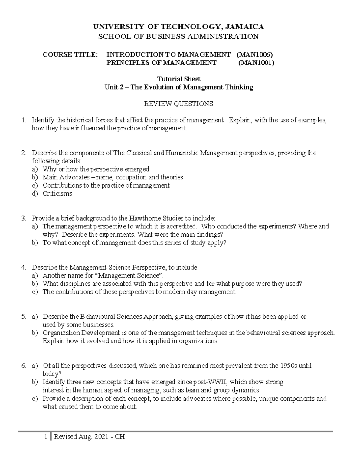 ITM Unit 2 Evolution of Mgmt. Student Revised August 2021 - UNIVERSITY ...
