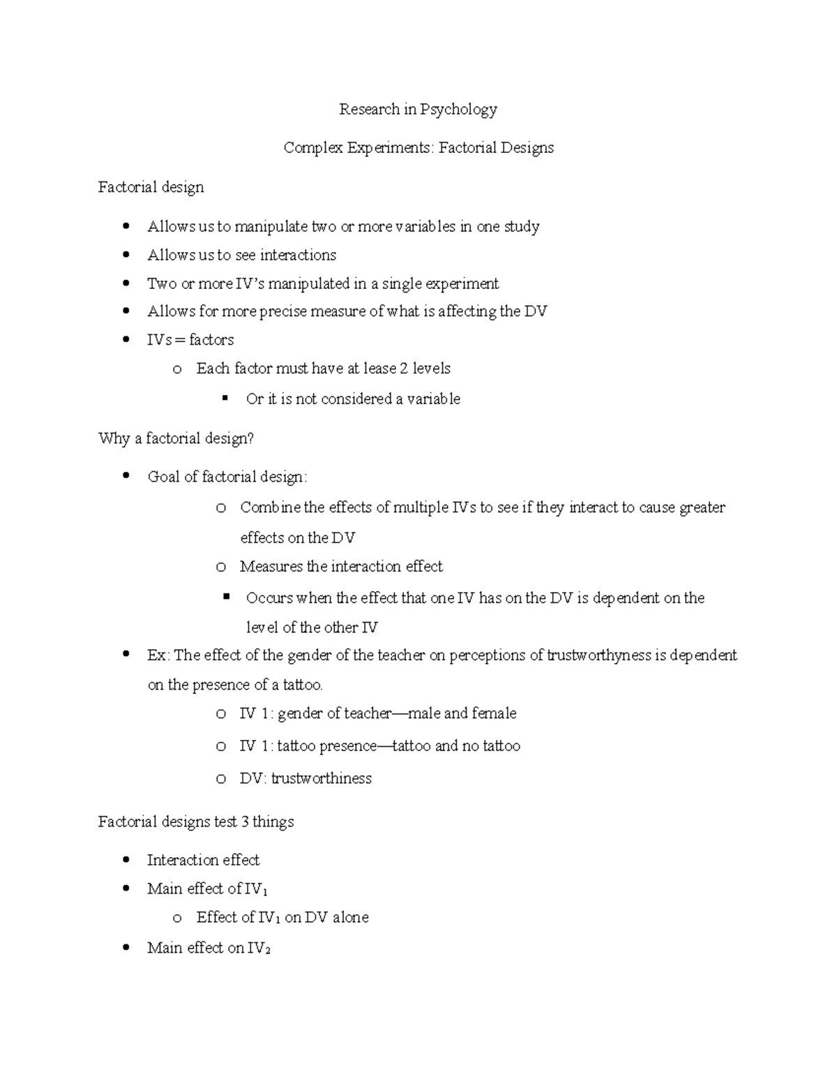 Factorial Designs Lecture Notes - Research in Psychology Complex ...