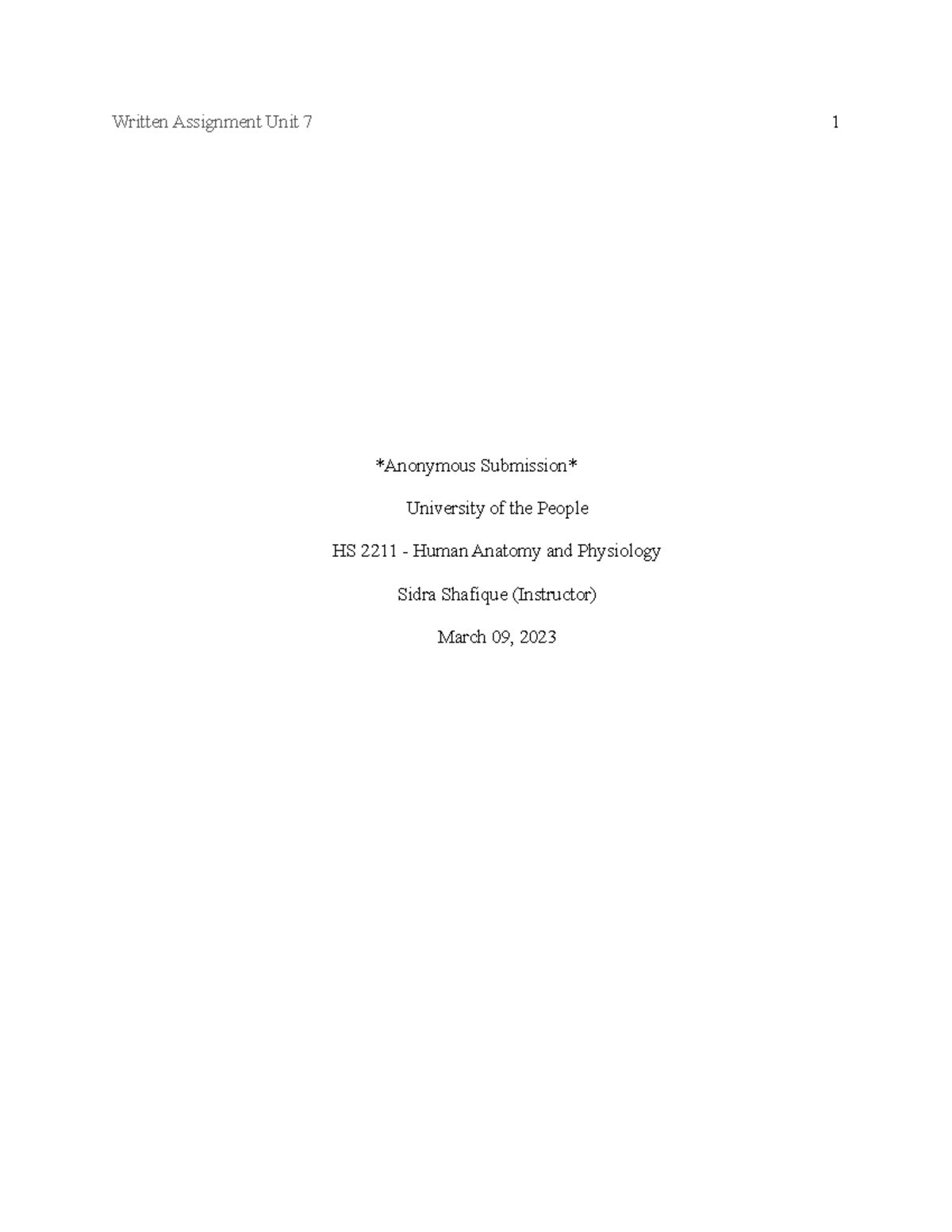 Written assignment unit 7 - Anonymous Submission University of the People HS 2211 - Human ...