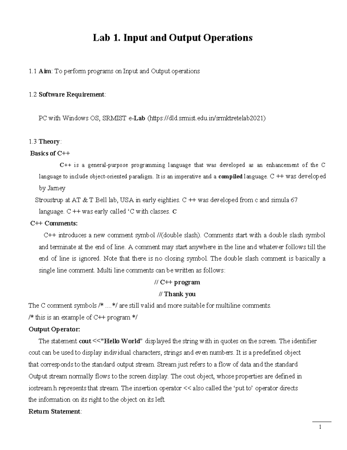 OOD Lab1 - 1 Lab 1. Input and Output Operations 1 Aim: To perform programs on Input and Output ...