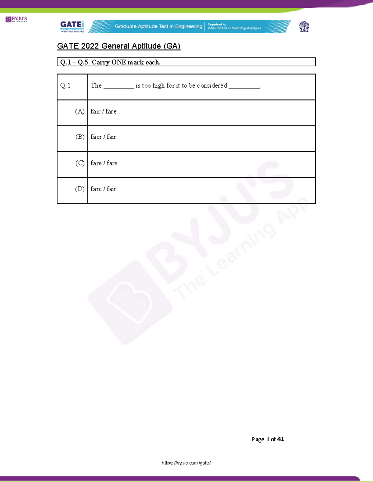 Cs 2022 - Gate sample paper - Page 1 of 41 GATE 2022 General Aptitude (GA) Q – Q Carry ONE mark ...