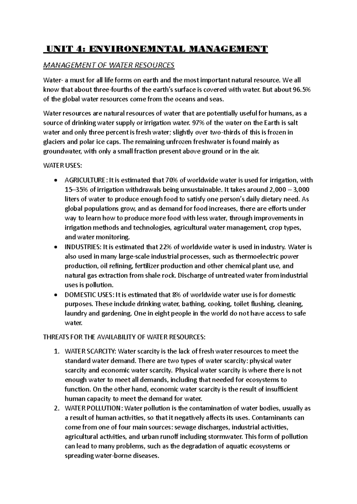 UNIT 4 Environment - UNIT 4: ENVIRONEMNTAL MANAGEMENT MANAGEMENT OF ...