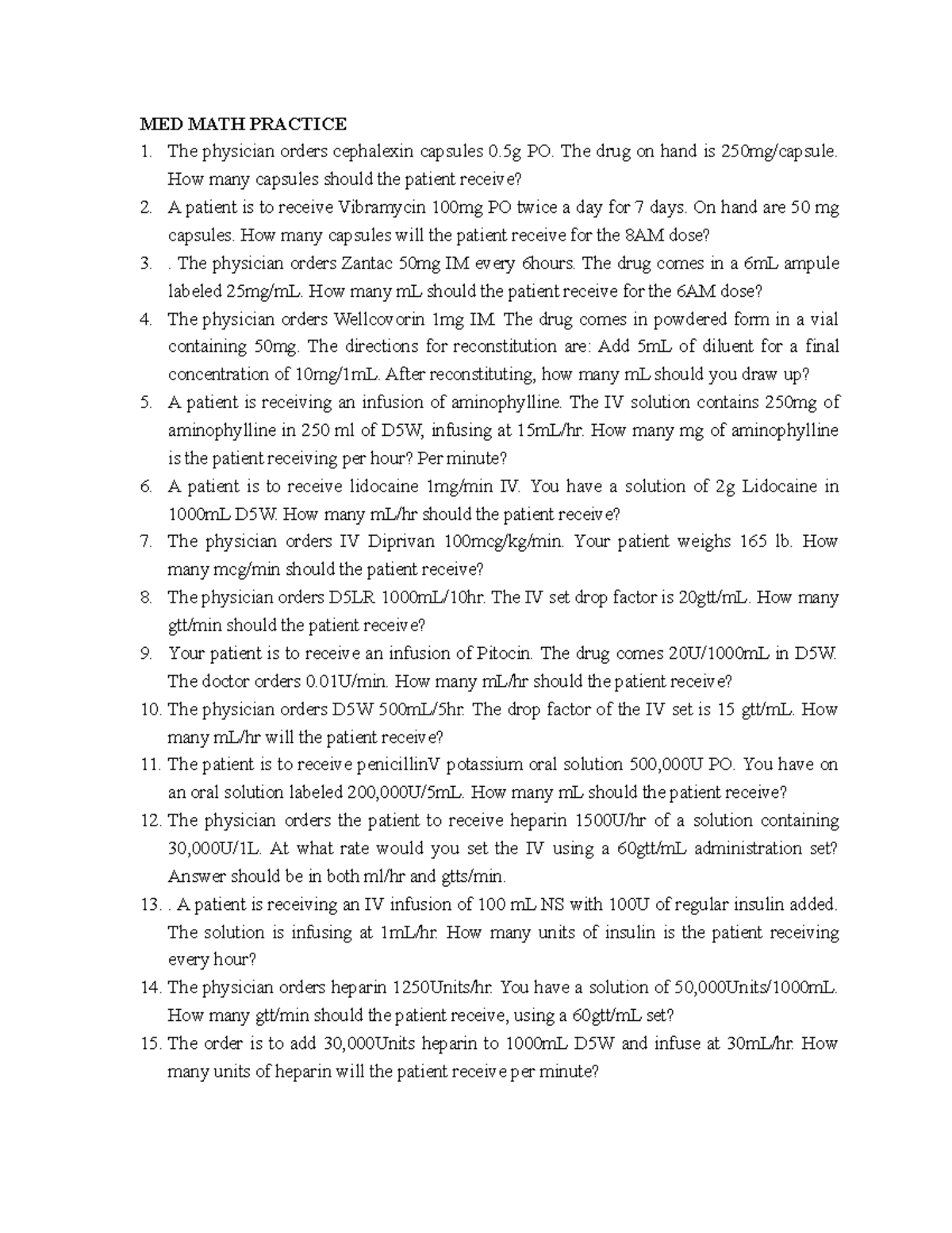 MED MATH Practice 1 - med math q - MED MATH PRACTICE The physician ...