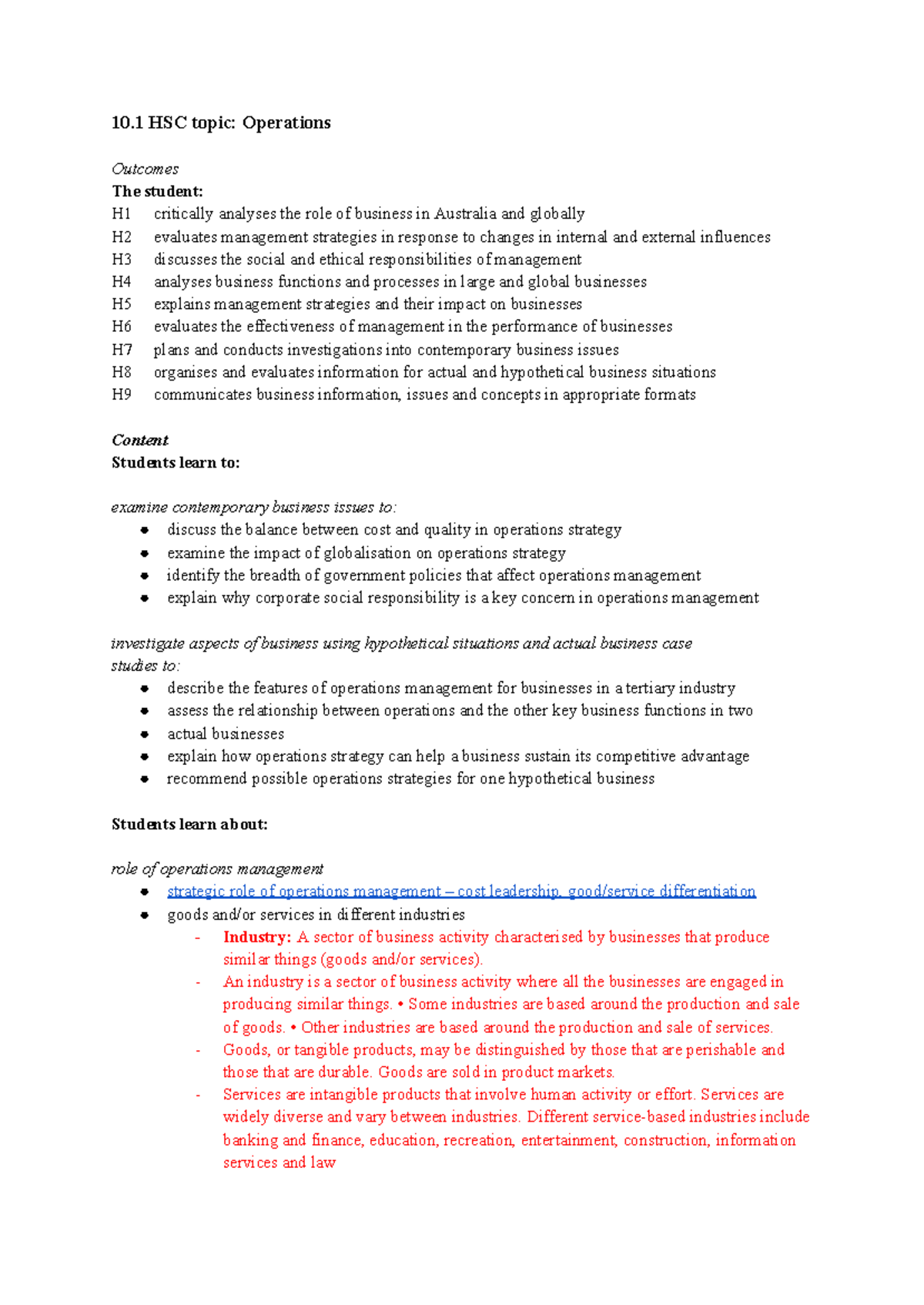 Topic 1 - HSC Business Studies Syllabus Operations - 10 HSC topic ...