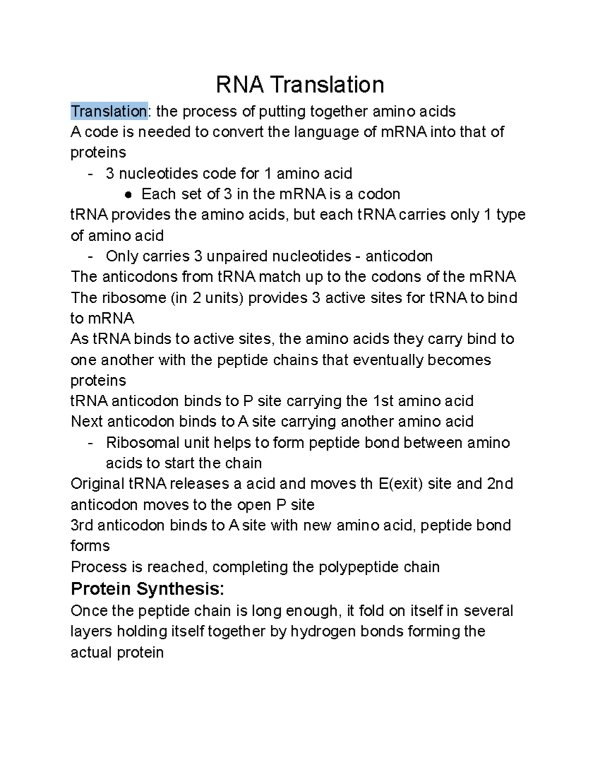 RNA Translation - Notes you can use if you need any help or just want ...