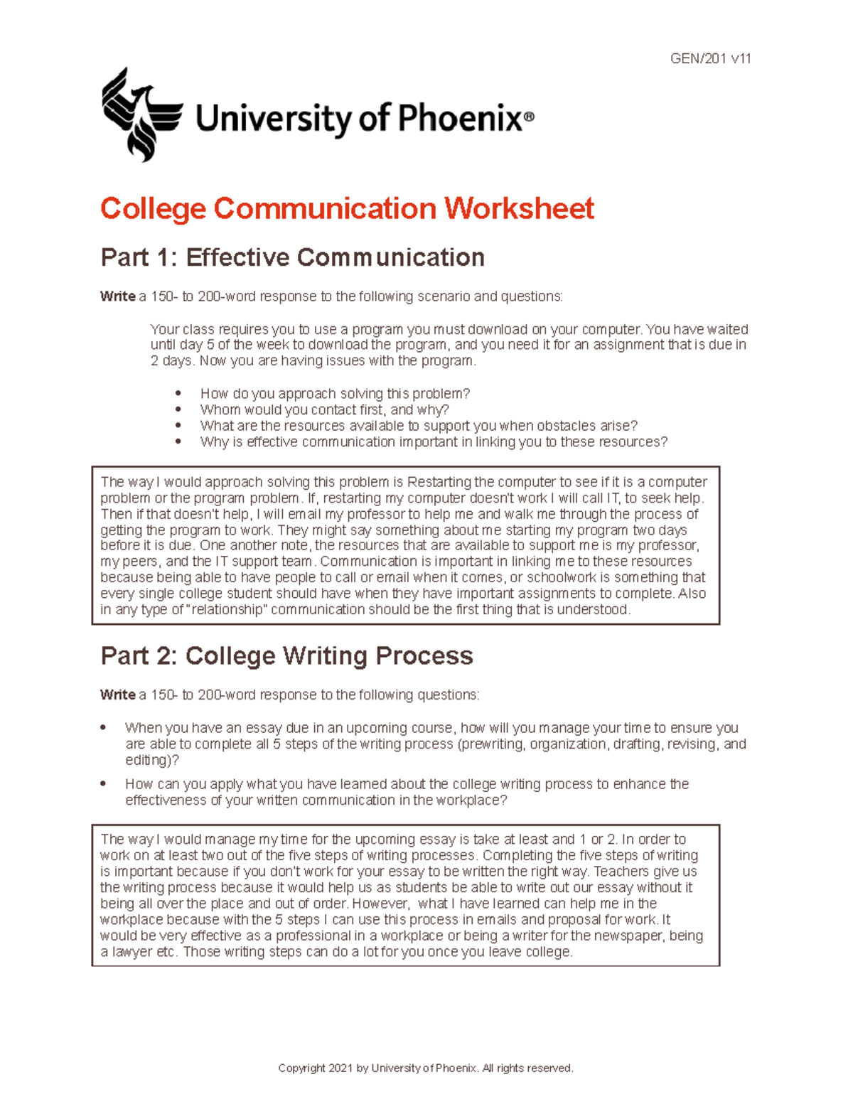 Assessment - n/a - GEN/201 v College Communication Worksheet Part 1 ...