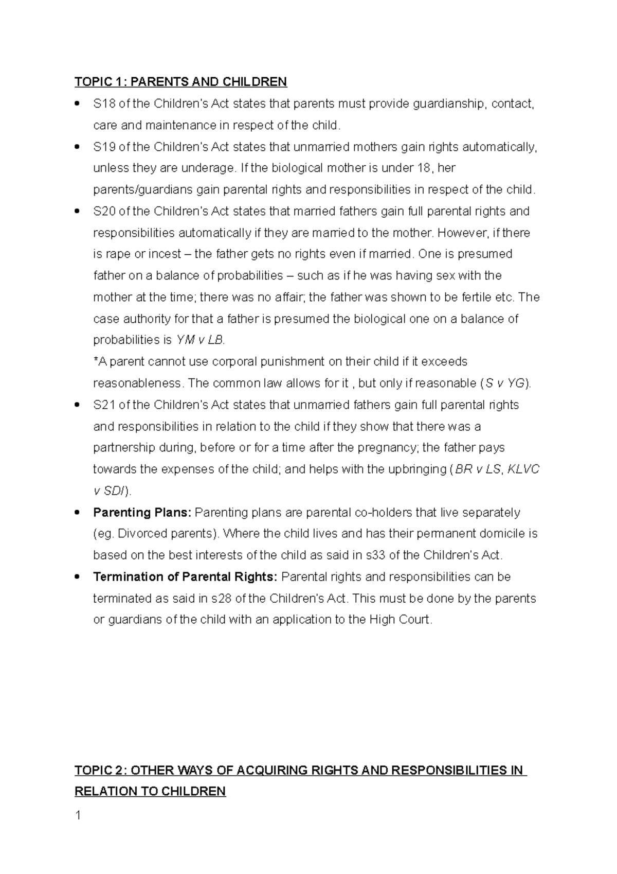 Family Law Summaries - Summary of Topics - TOPIC 1: PARENTS AND ...