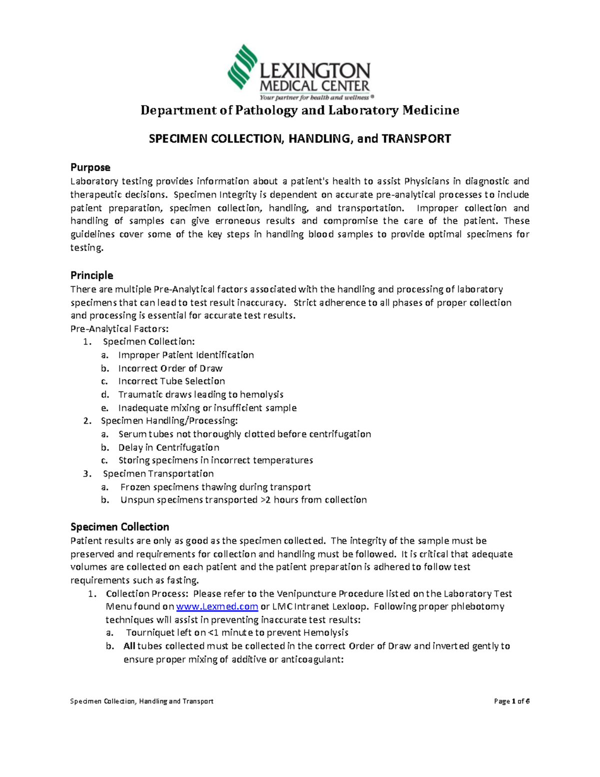 Specimen Collection Handling Transport 032715 - Department of Pathology ...