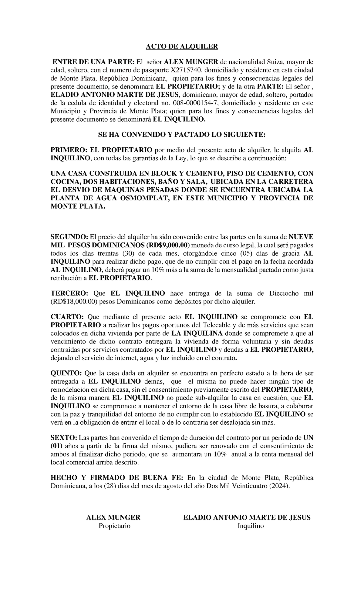 ACTO DE Alquiler - ACTO DE ALQUILER ENTRE DE UNA PARTE: El señor ALEX ...