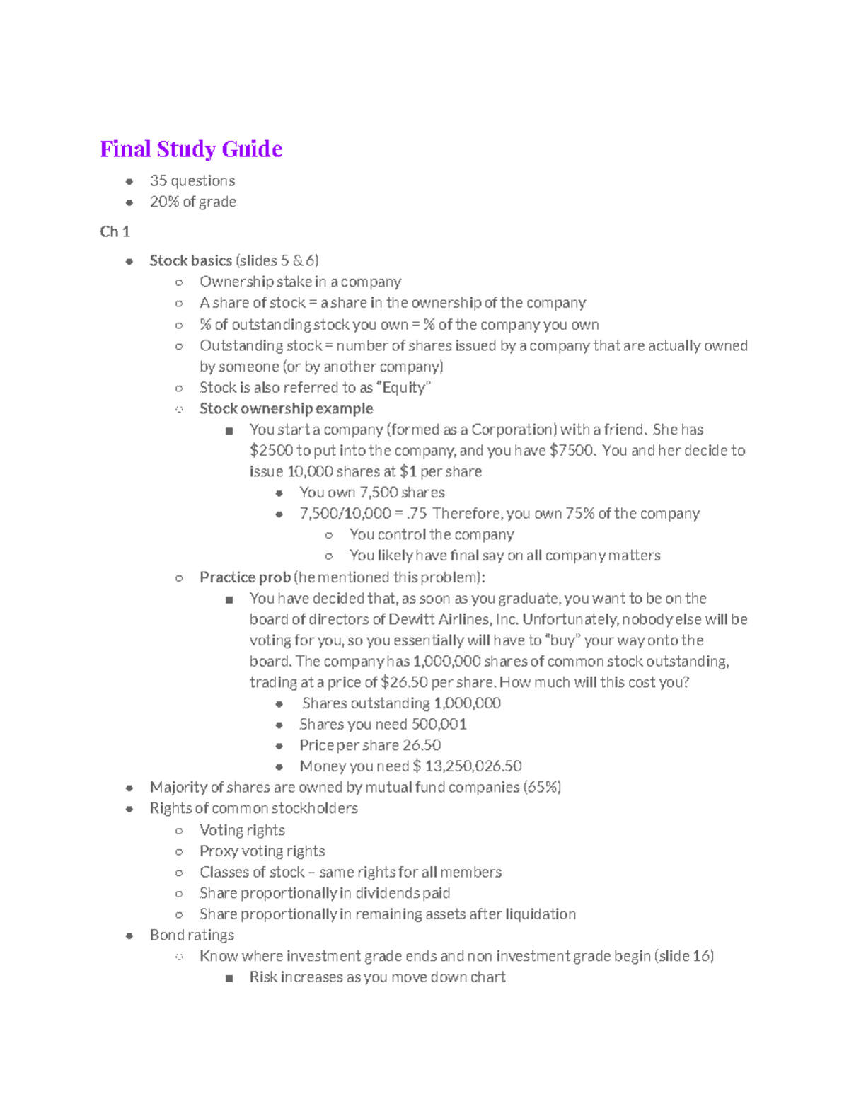 FI 311 Final Study Guide - Final Study Guide 35 questions 20% of grade Ch 1 Stock basics - Studocu