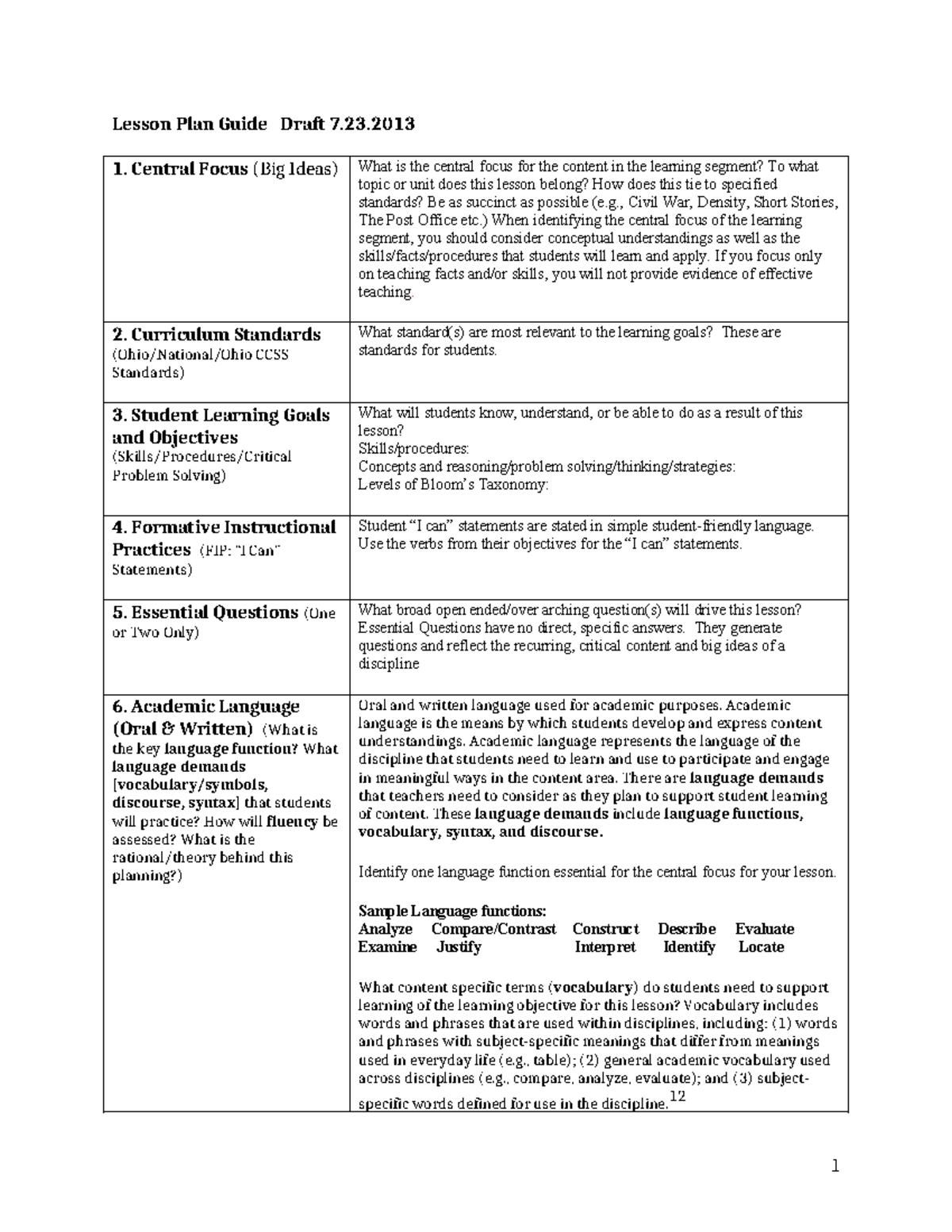 Lesson Plan Guidance Document - Lesson Plan Guide Draft 7. 1. Central ...